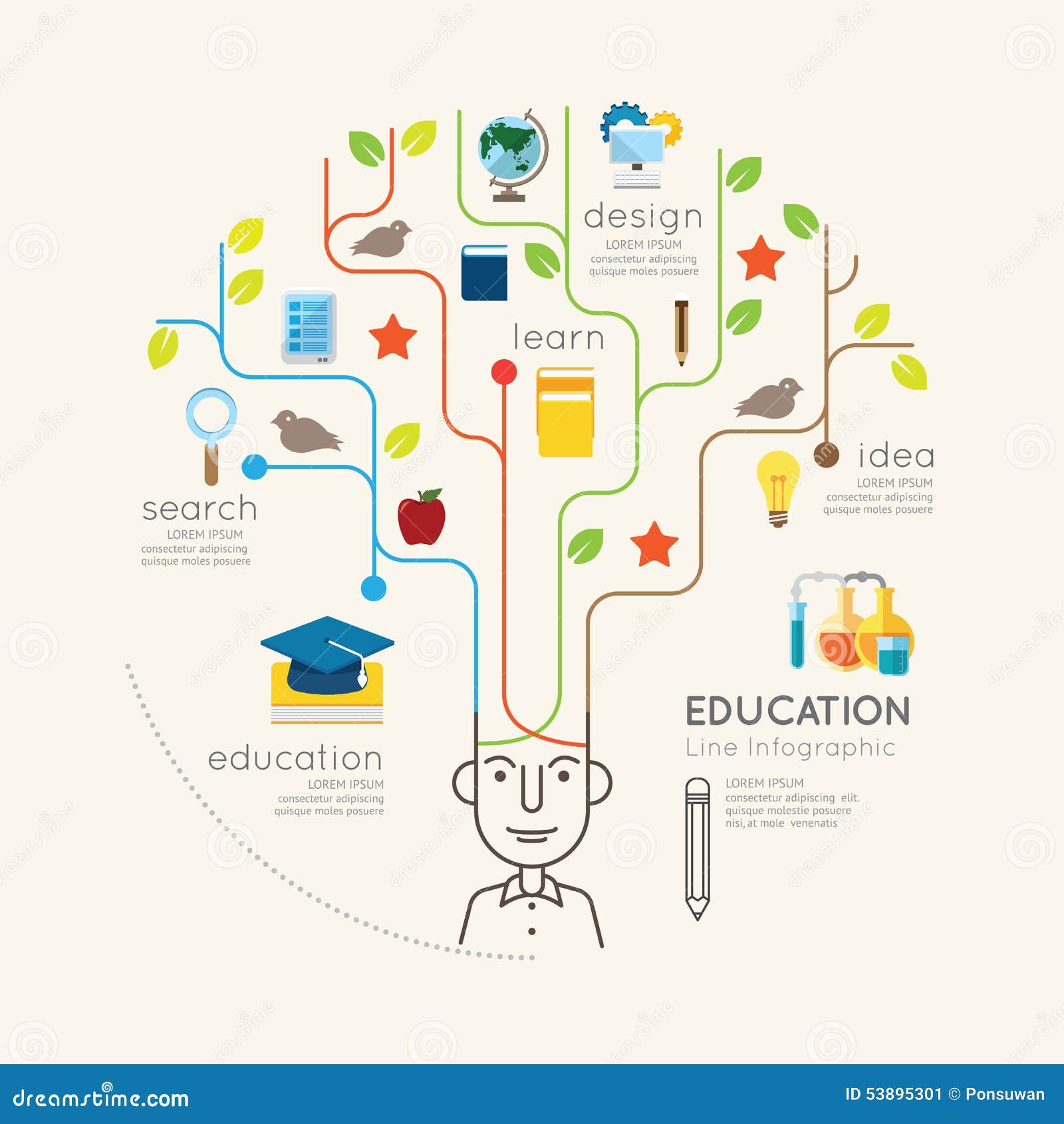 Flat Line Infographic Education People and Pencil Tree Outline Stock ...