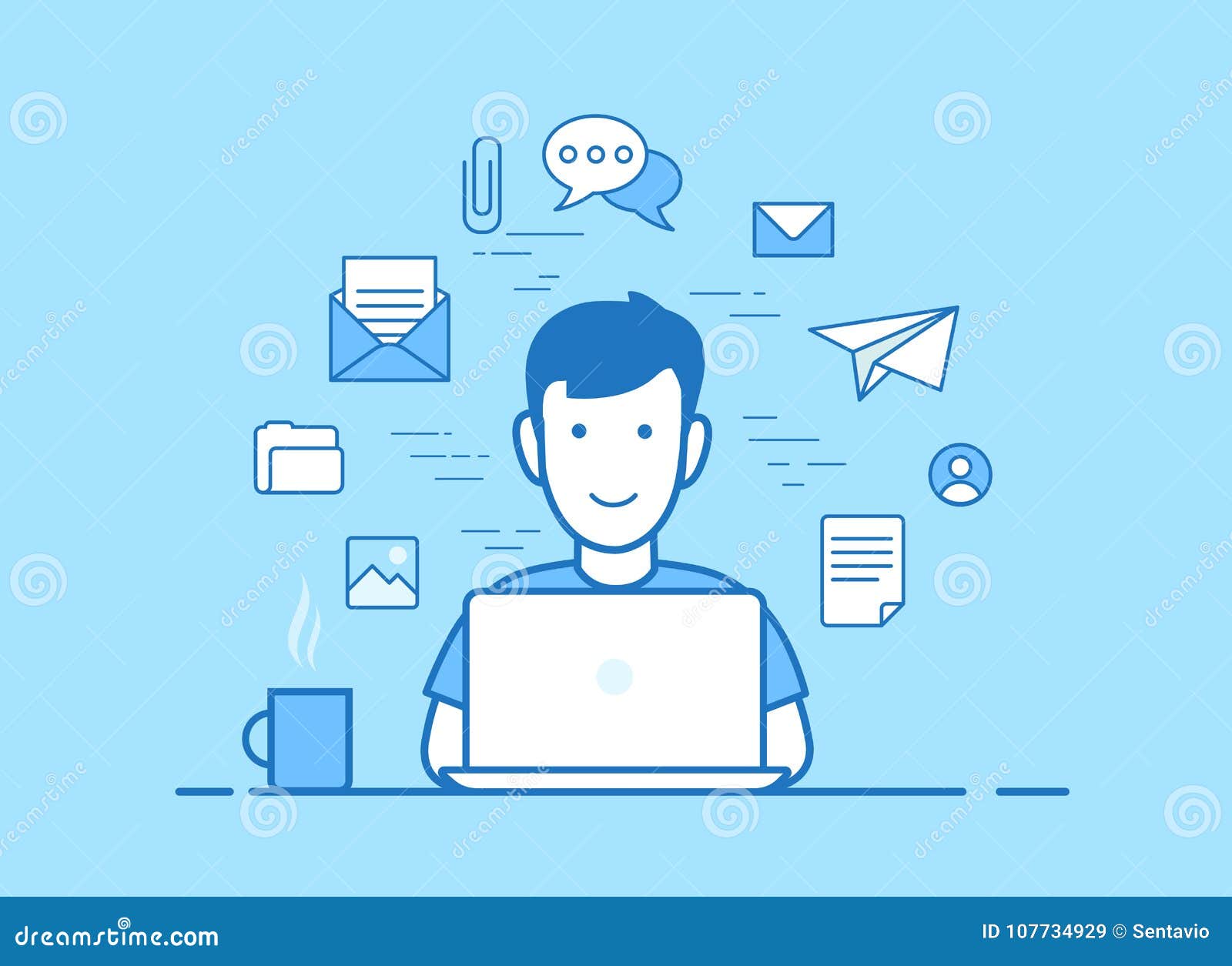 Flat Linear Banner Workplace. Man Working L Stock Illustration ...