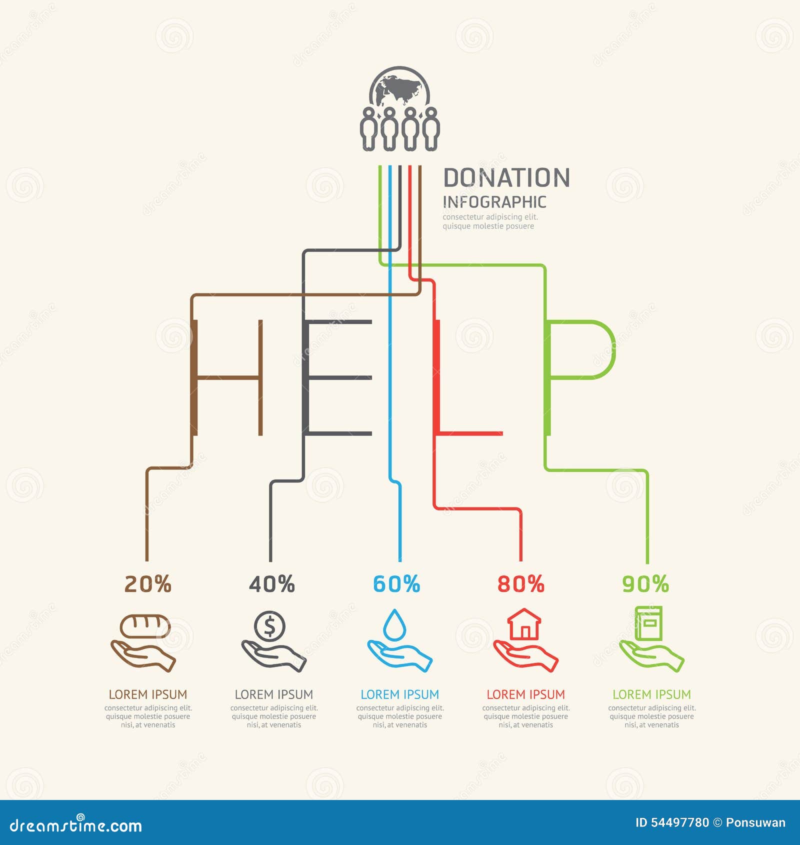 Flat Linear Infographic Charity and Donation Outline Concept. Stock ...