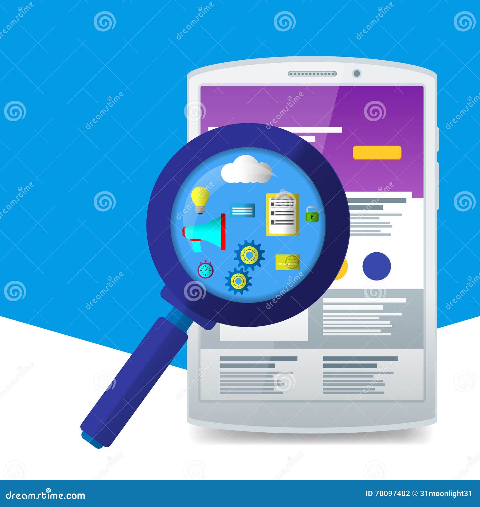 Flat Magnifier with Seo Icons. Web Sites and Applications Stock Vector ...