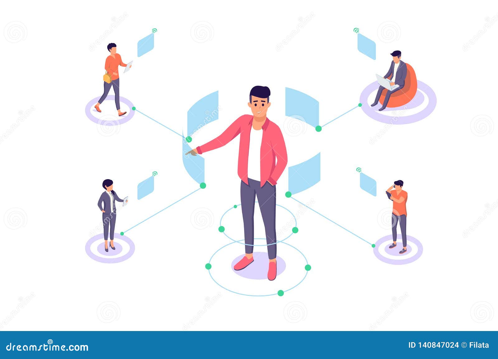 Flat Man with Remote Employee Communication and Modern Interface. Stock ...