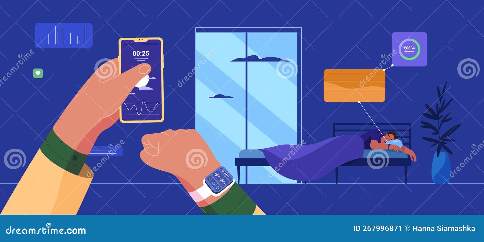 Flat Man Sleeping in Bed with Smartwatch for Sleep Tracker Stock Vector ...