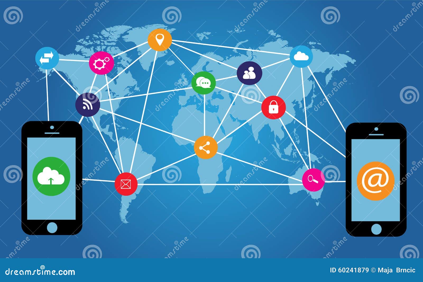 Flat Media Icons with Mobile Phones and World Map Stock Vector ...