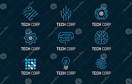 Flat Microelectronics Circuits Technology Logo Set Stock Vector ...