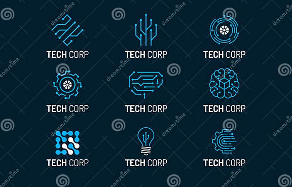 Flat Microelectronics Circuits Technology Logo Set Stock Vector ...