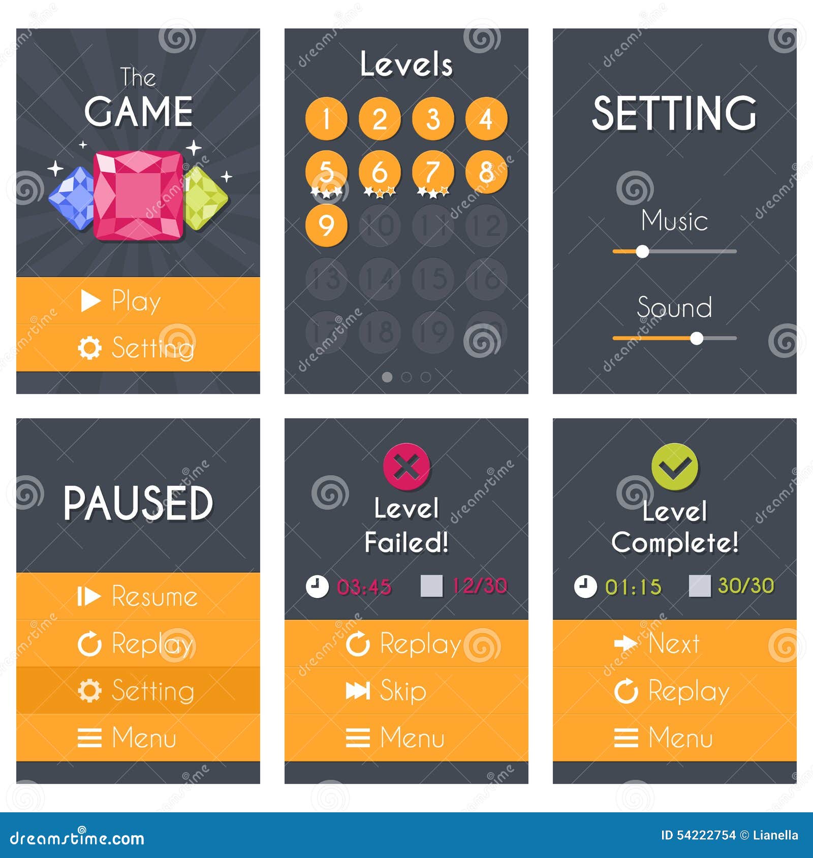 Flat Mobile Game Screens Set Stock Vector - Illustration of indie ...