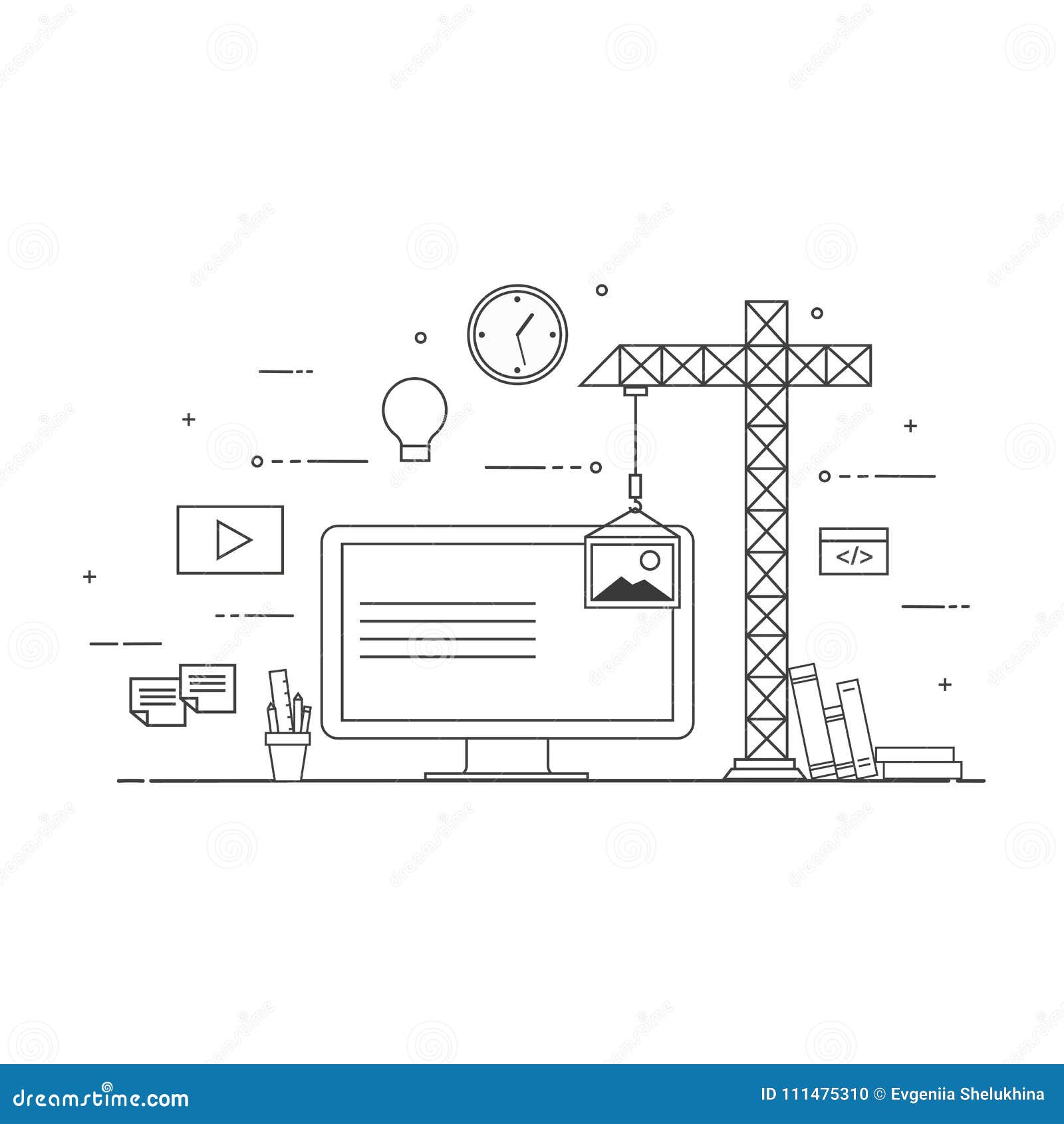 Flat Mobile UI UX Design Web Infographic Concept Vector. Crane Creating ...