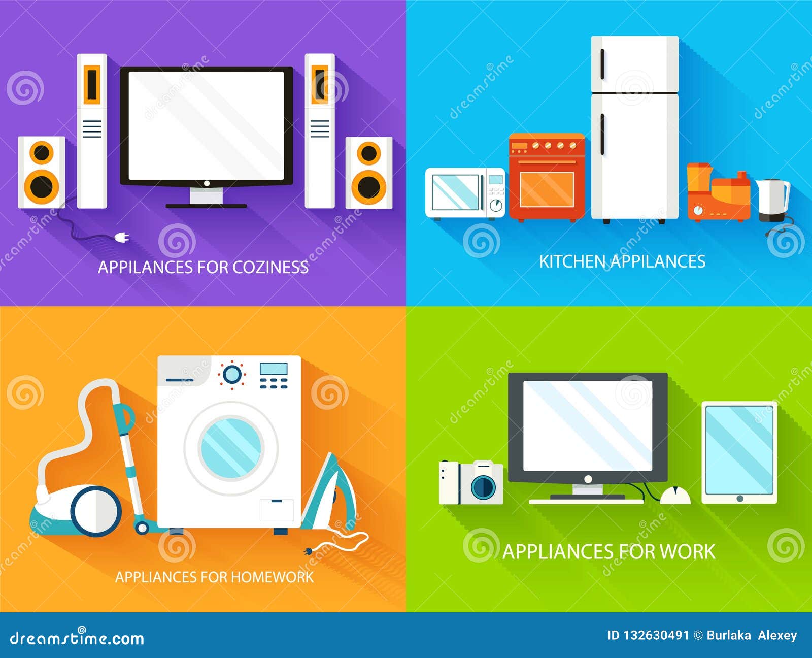 Flat Modern Home Electronics Appliances Set Icons Concept. Vector ...