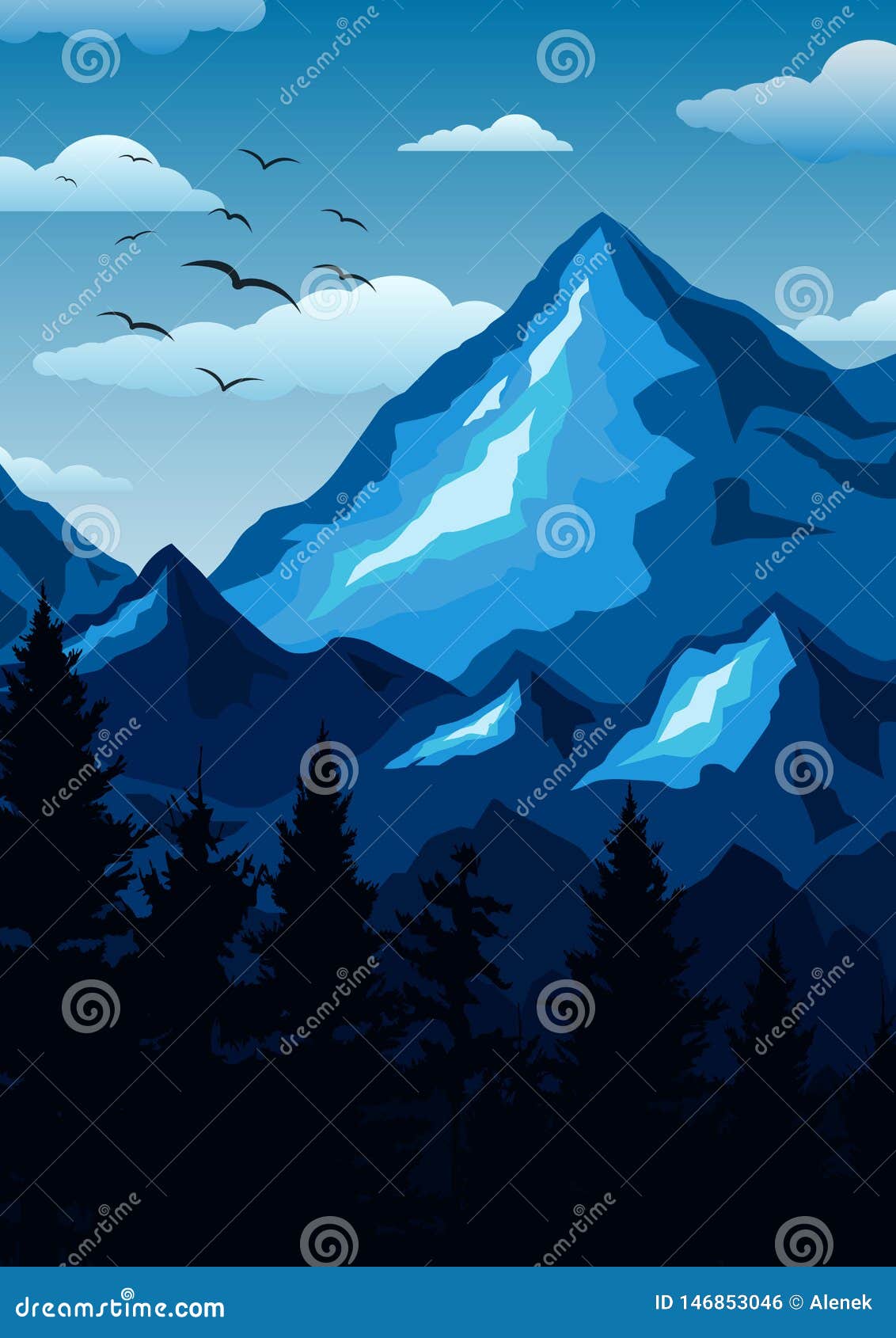 Flat Mountain Landscape. Mountains and Forest. Tourism and Travelling ...