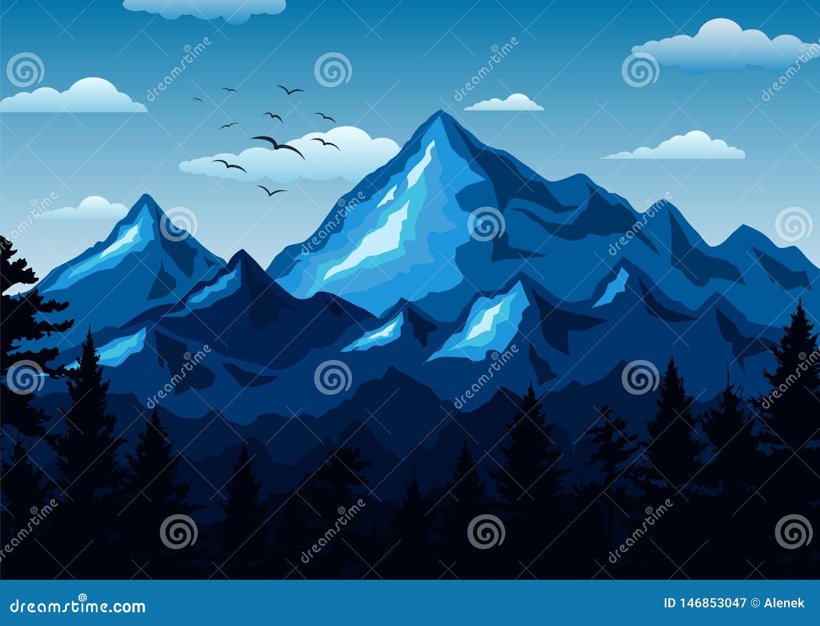 Flat Mountain Landscape. Mountains and Forest. Tourism and Travelling ...