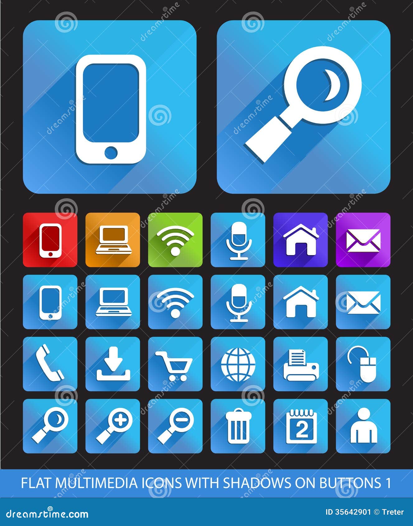 Flat Multimedia Icons with Shadows on Buttons 1. Stock Vector ...