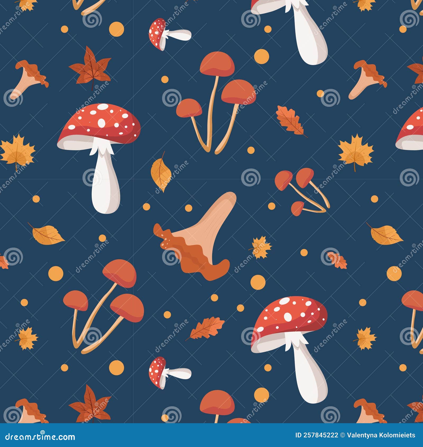 Flat Mushrooms with Dark Blue Background. Seamless Vector Pattern Stock ...