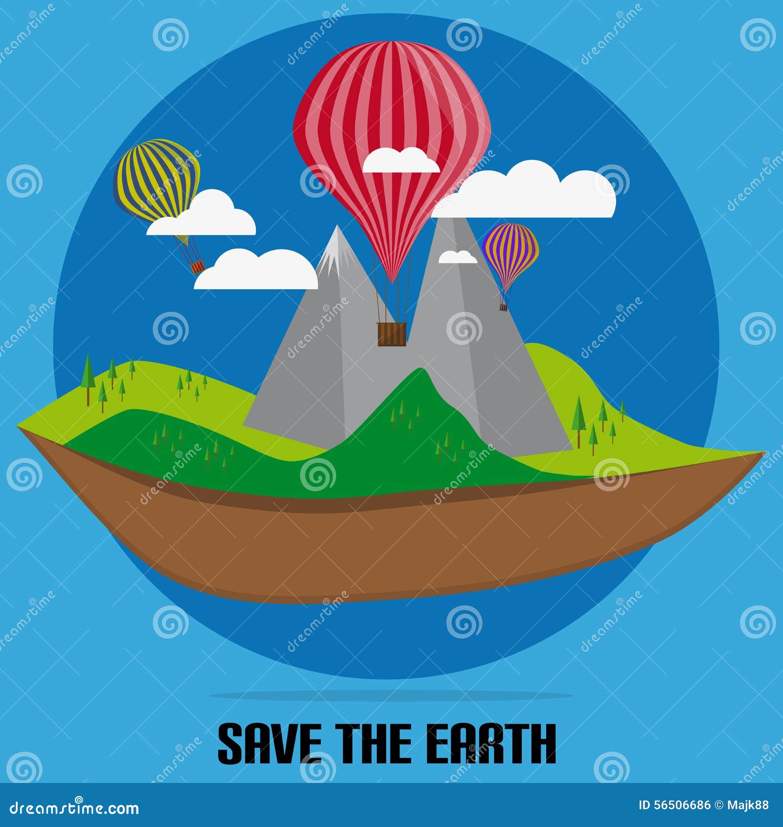 Flat Nature with Clouds and Air Balloon with Save the Earth Stock ...
