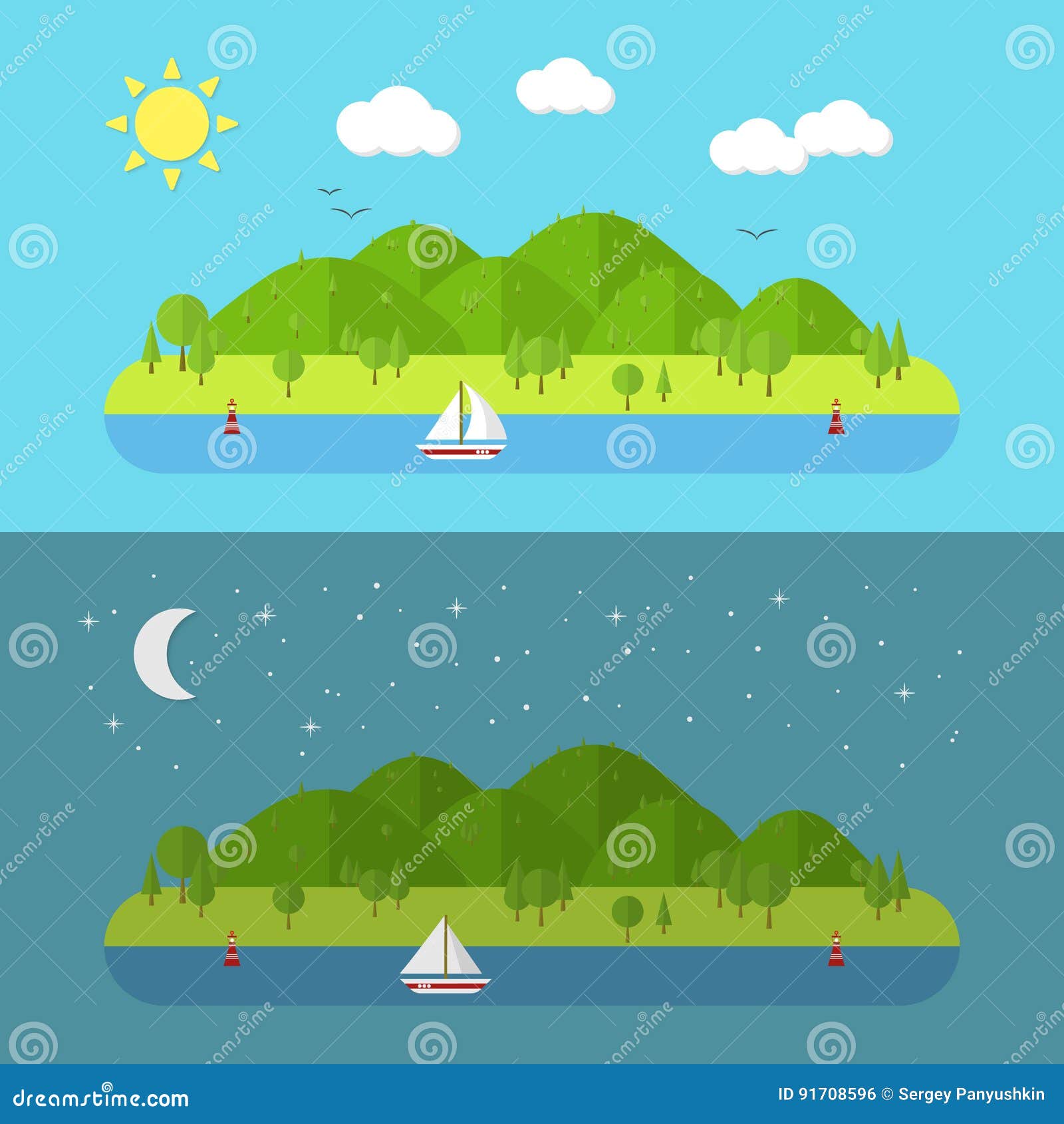 Flat Nature Landscape. Vector Illustration with Sun and Moon Stock ...