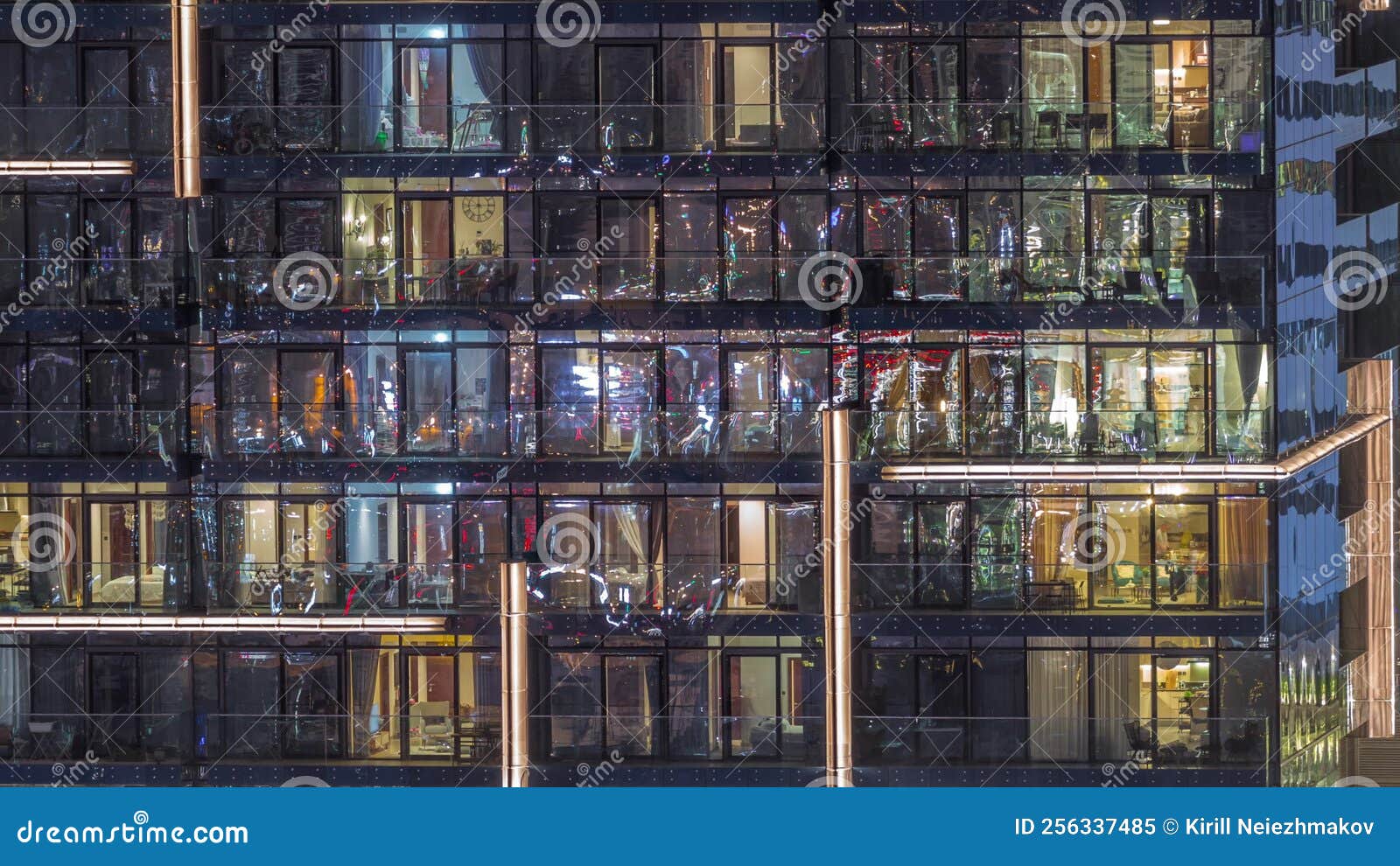 Flat Night Panorama of Multicolor Light in Windows of Multistory ...