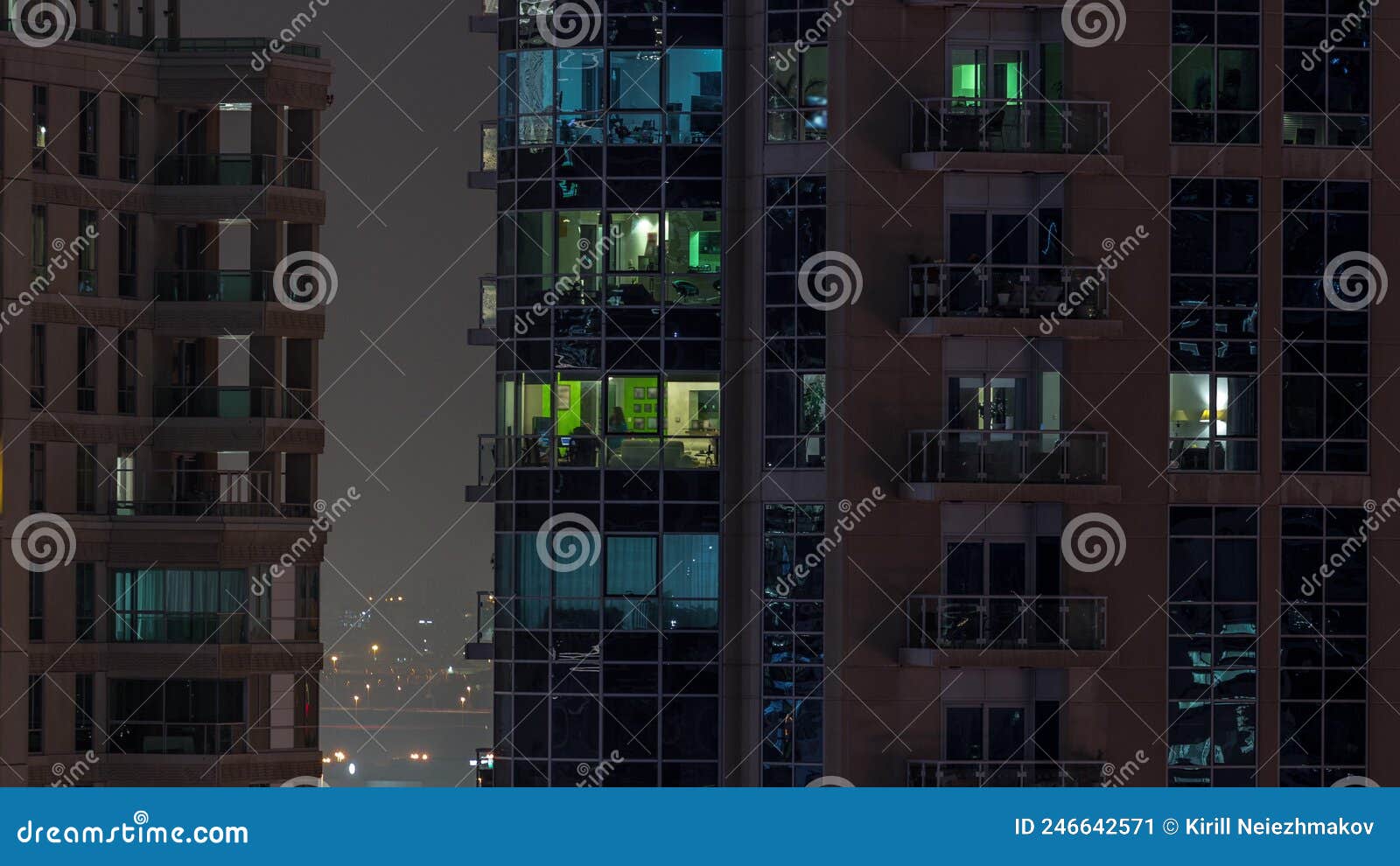 Flat Night Panorama of Multicolor Light in Windows of Multistory ...