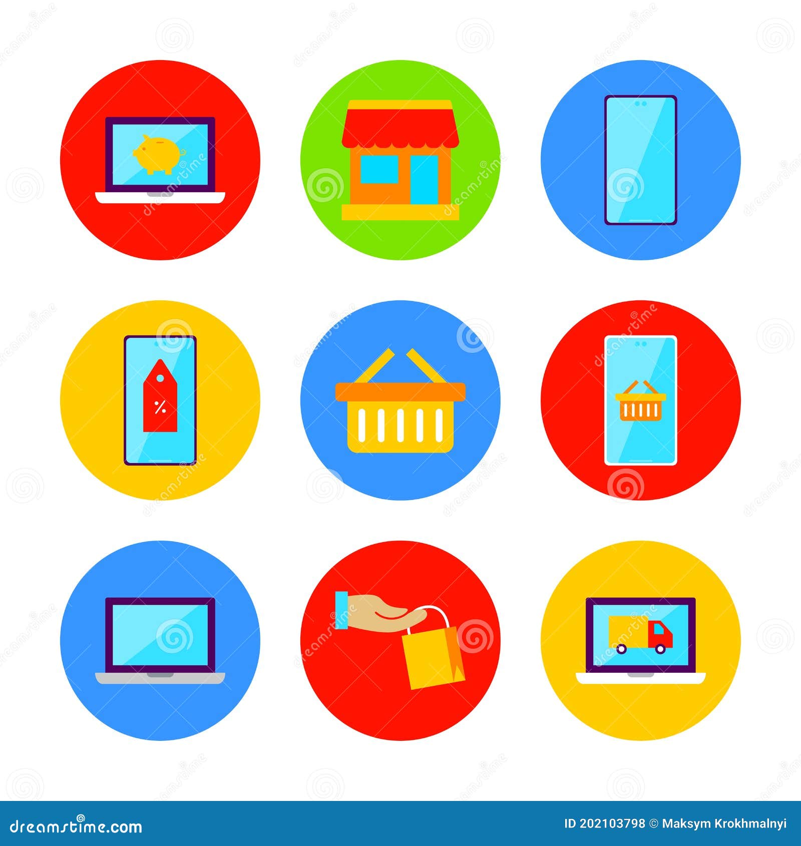 Flat Online Shopping Icon Set. Vector Illustration of Shop Objects ...