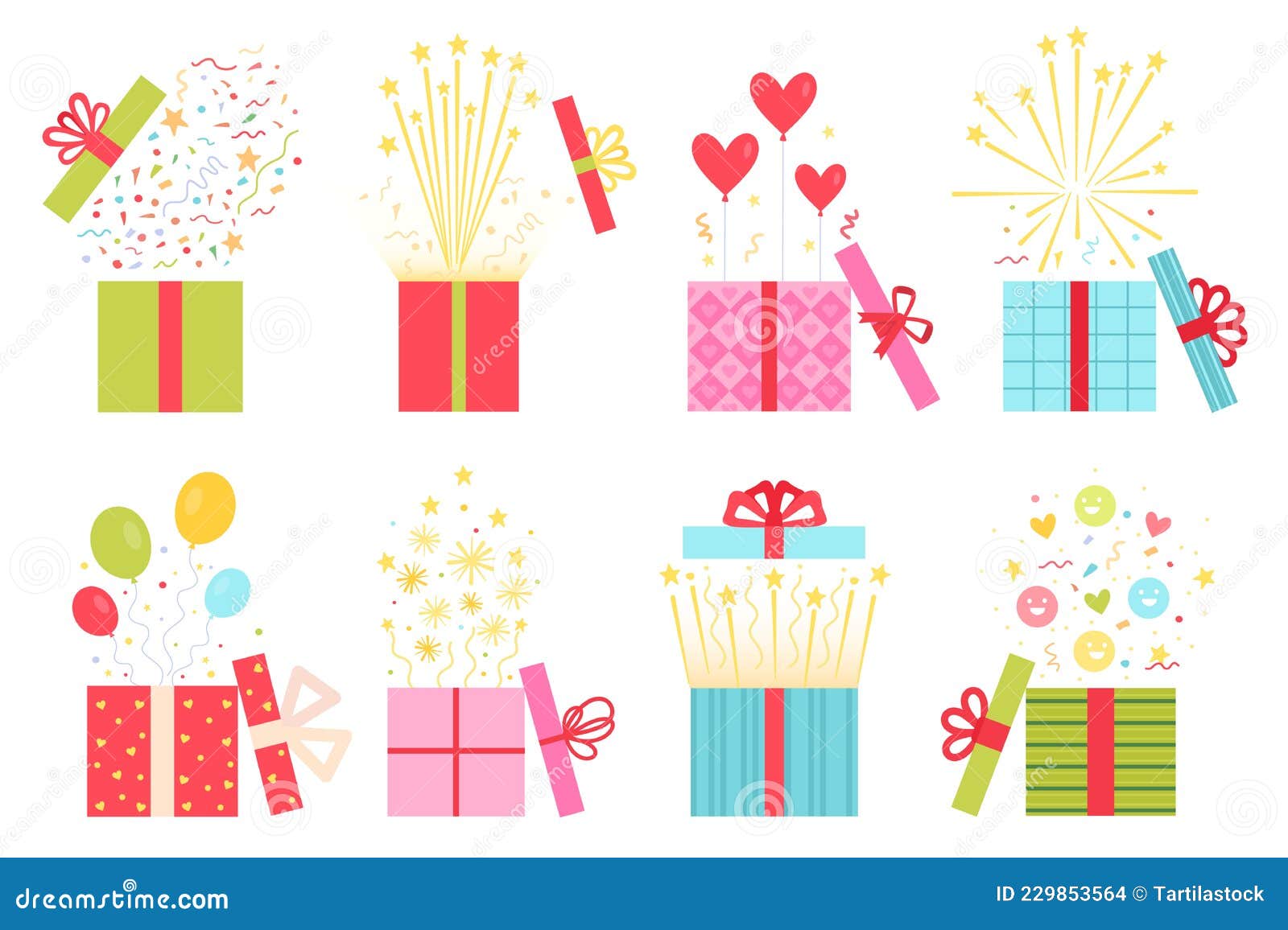 Flat Open Prize Concept, Gift Box with Confetti. Surprise Present Boxes ...