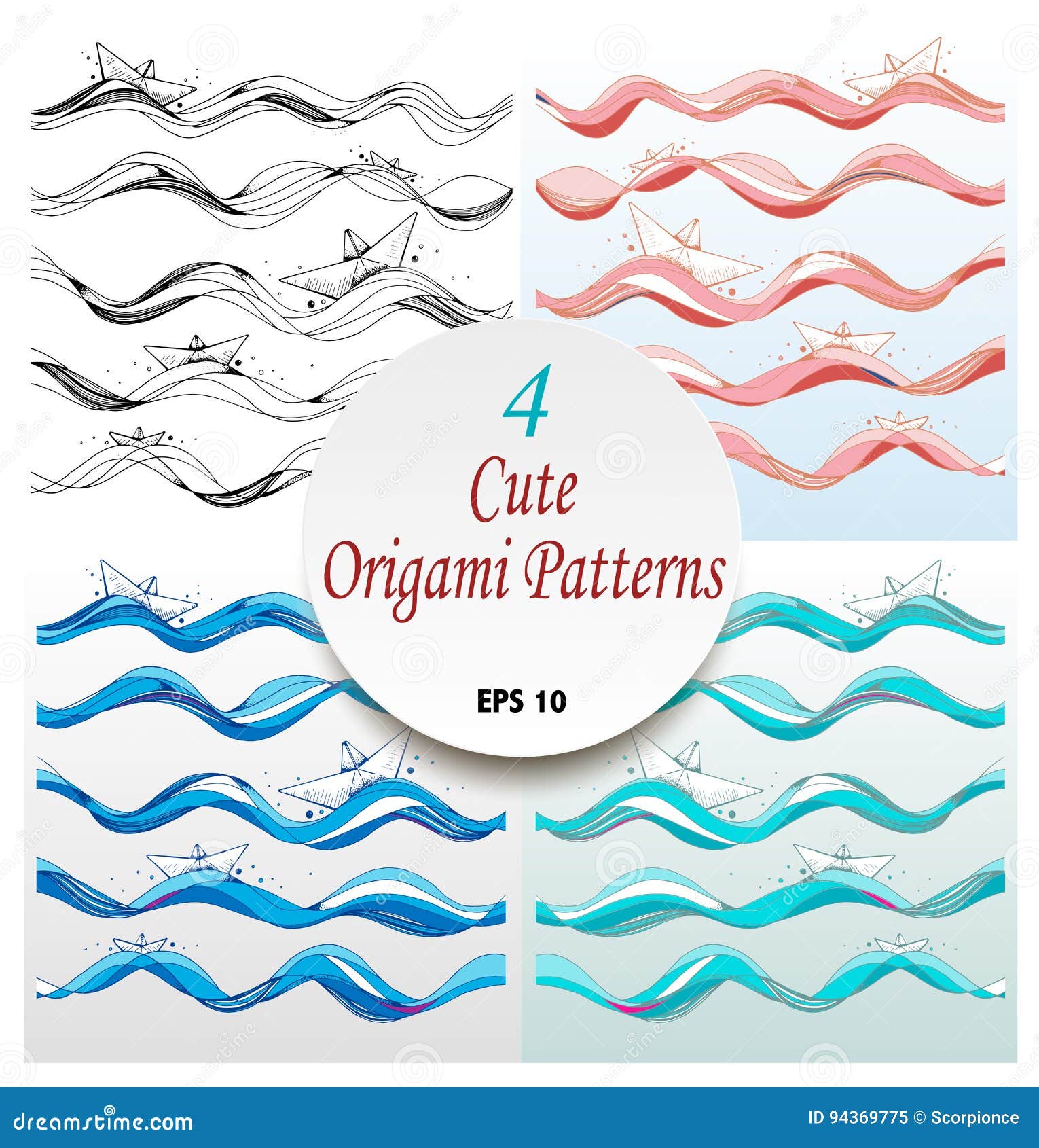 4 Flat Origami Ships Patterns in Different Colors Stock Illustration ...