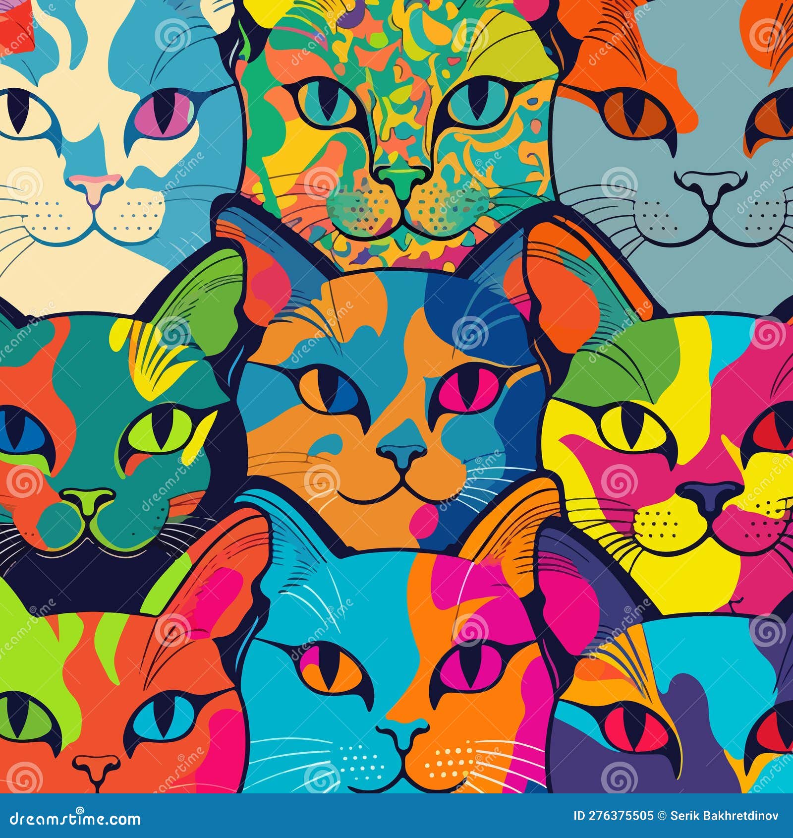Flat Ornament in the Form of Cute Multi-colored Cats. for Your Design ...