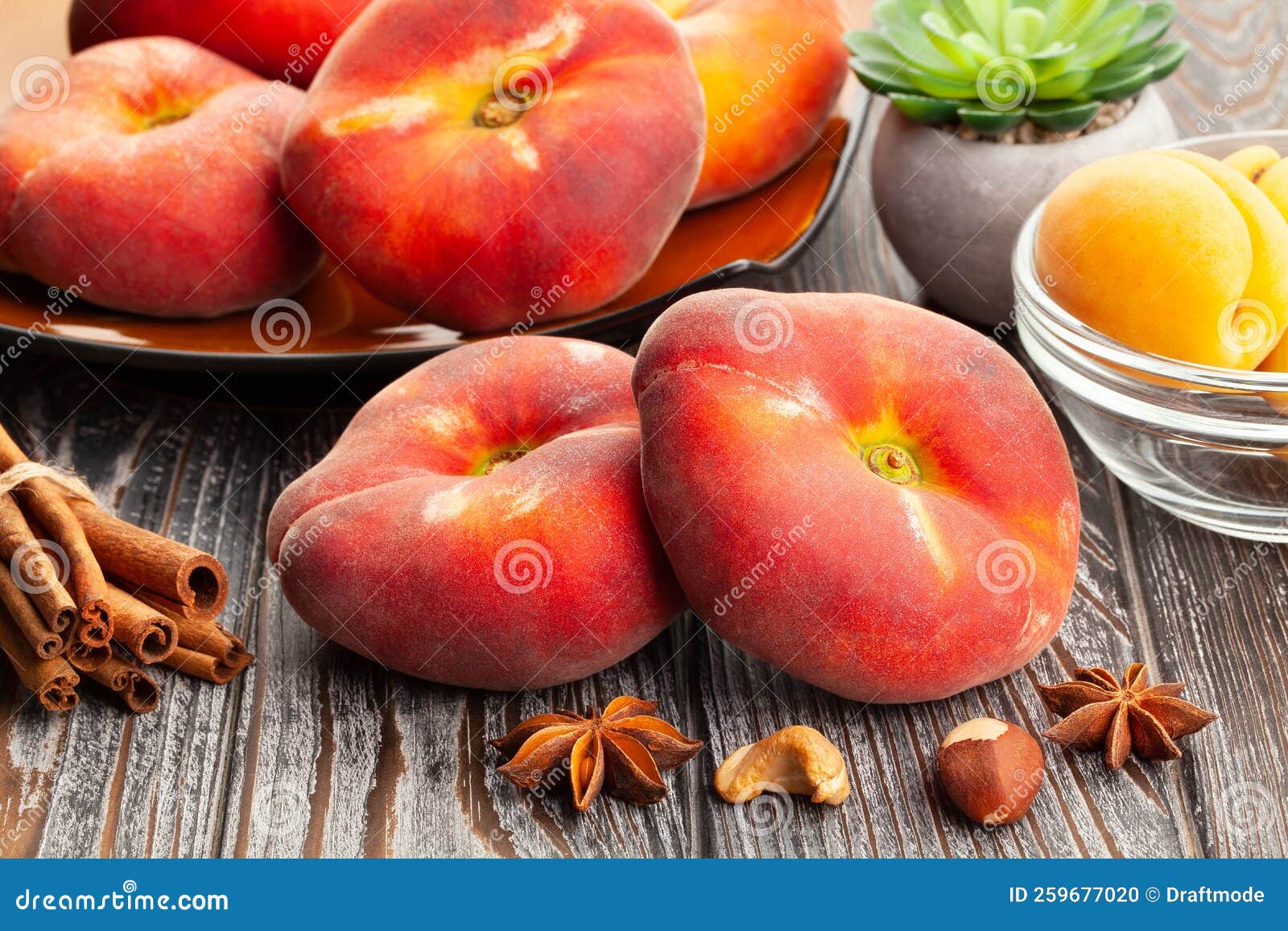 Flat peach on wood stock photo. Image of star, background - 259677020
