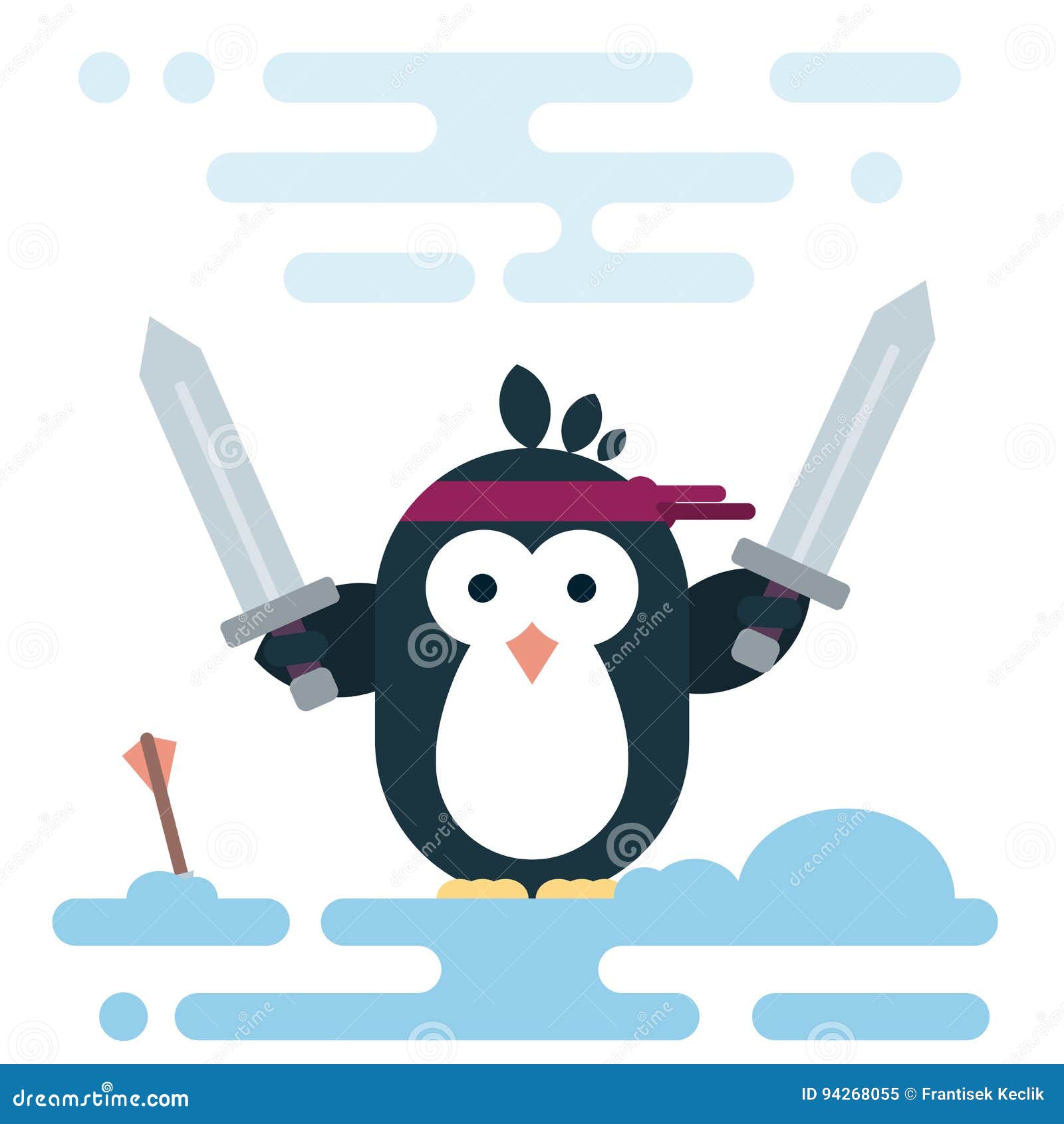 Flat Penguin Character Stylized As a Barbarian with Two Swords. Stock ...