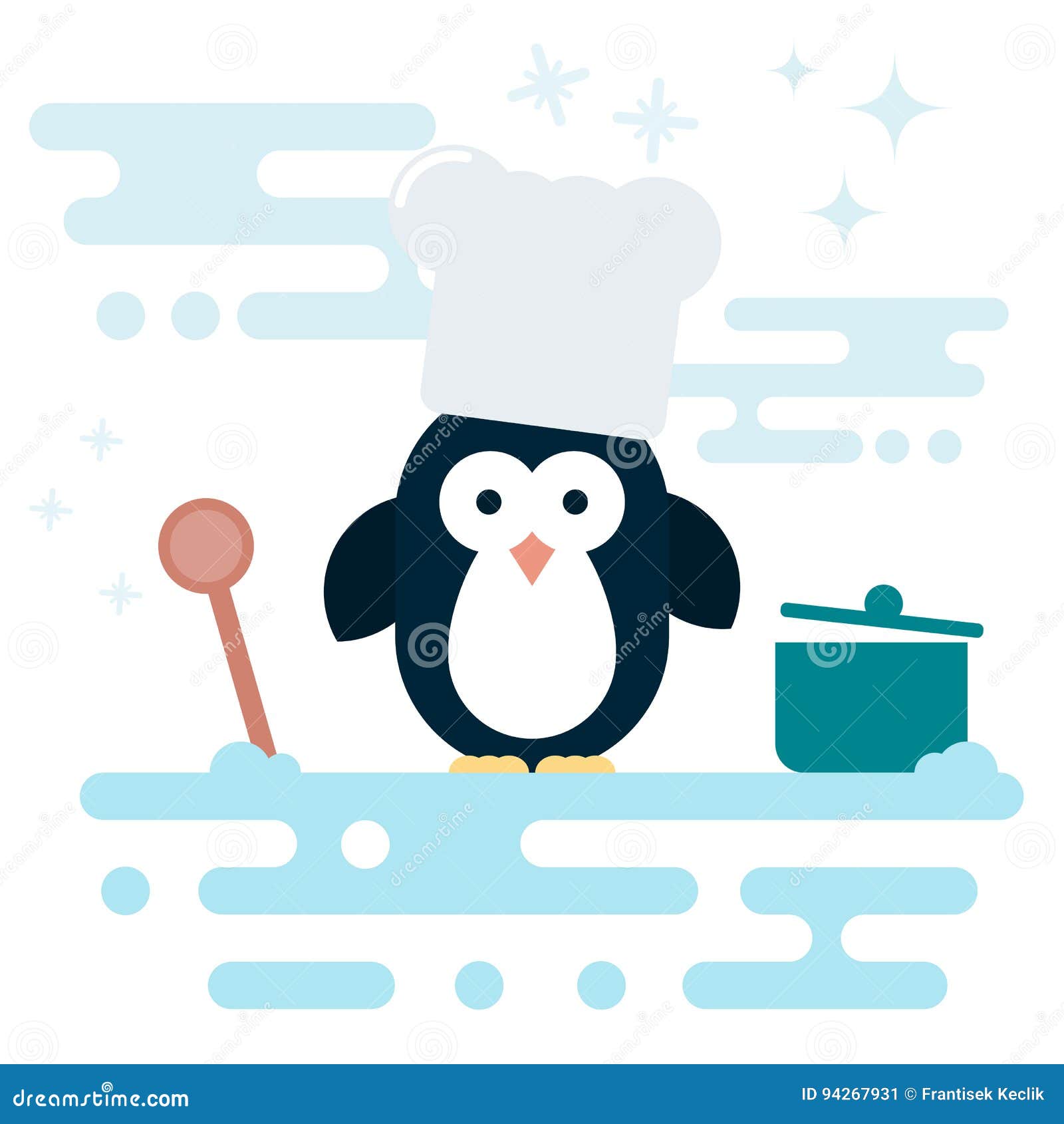 Flat Penguin Character Stylized As Chef with Wooden Spoon and with Pot ...