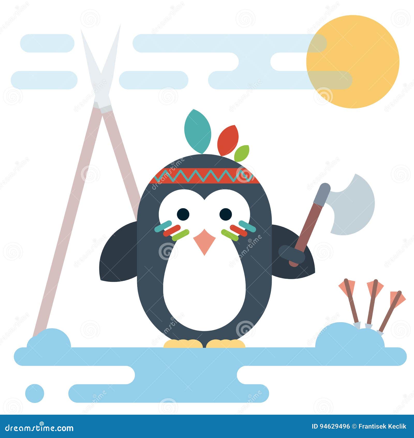 Flat Penguin Character Stylized As A Native American With Tomahawk ...