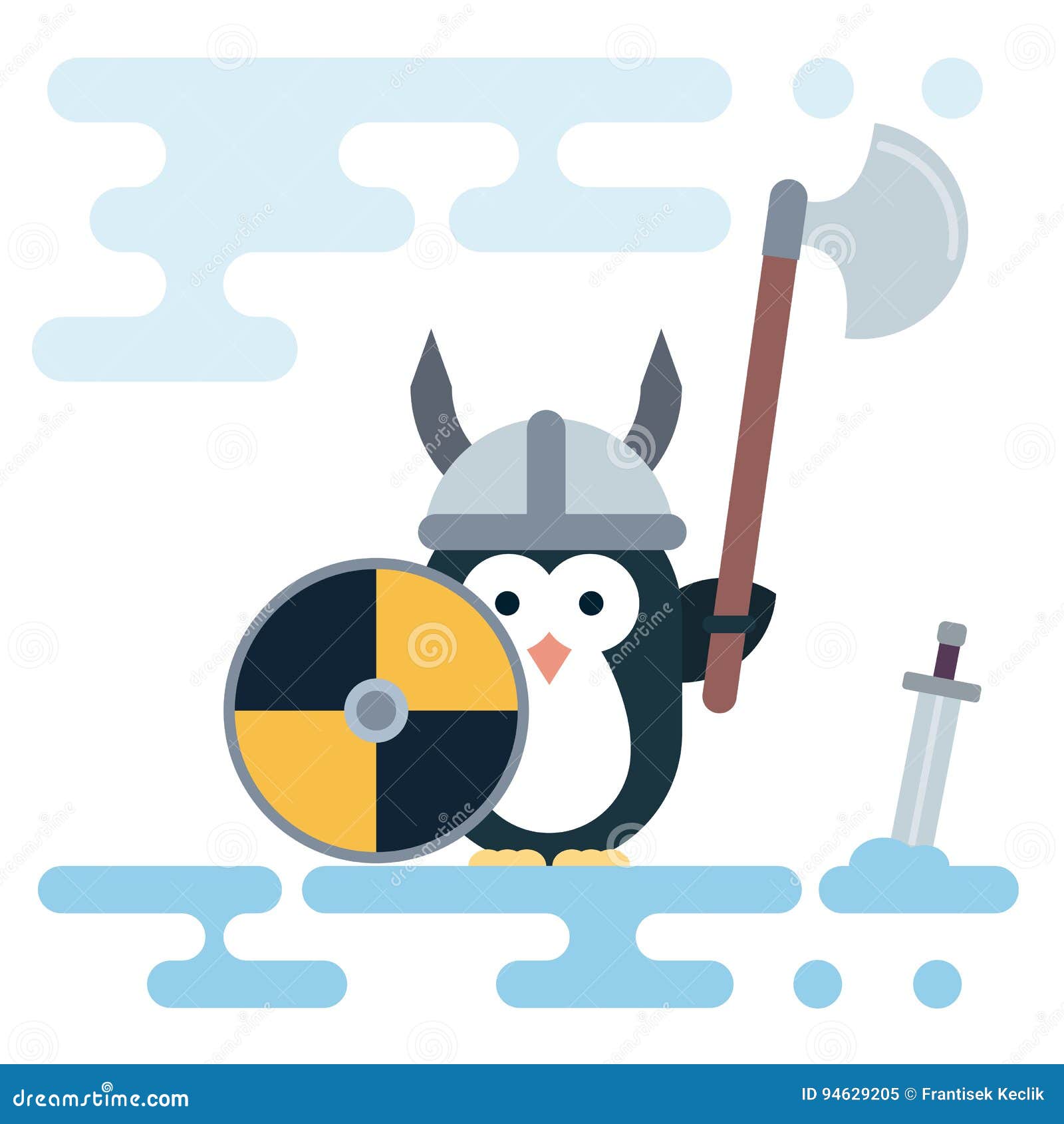 Flat Penguin Character Stylized As a Viking Warrior with Helm, Shield ...