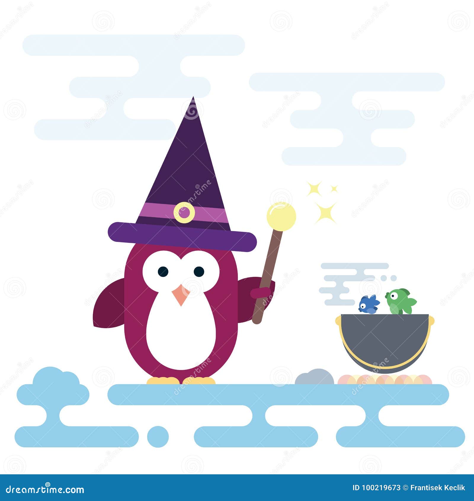 Flat Penguin Character Stylized As Witch with Magic Stick and with Pot ...