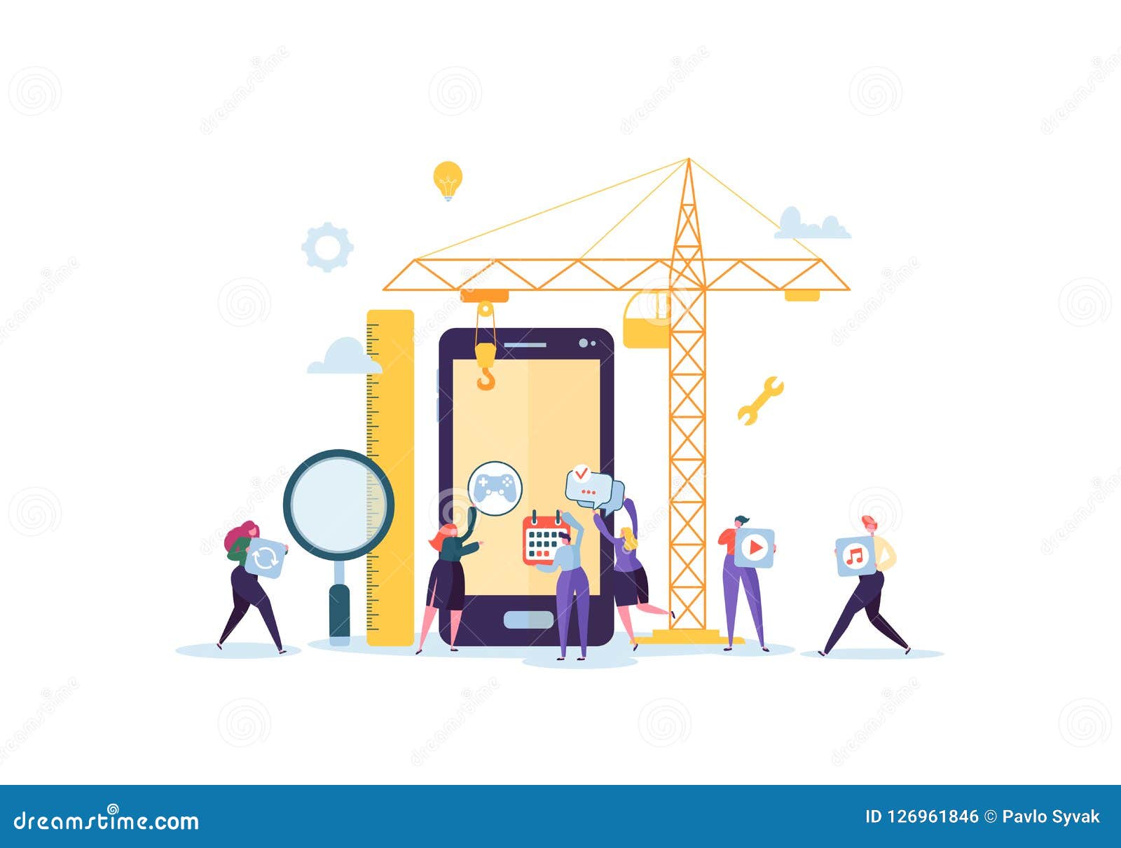 Flat People Characters Building Mobile Application with Icons on the Screen of Smartphone ...