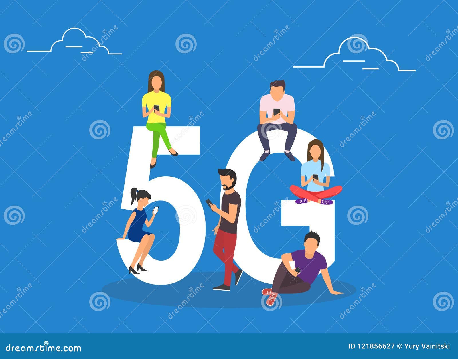 Flat People with Gadgets Sitting on the Big 5G Symbol Stock Vector ...