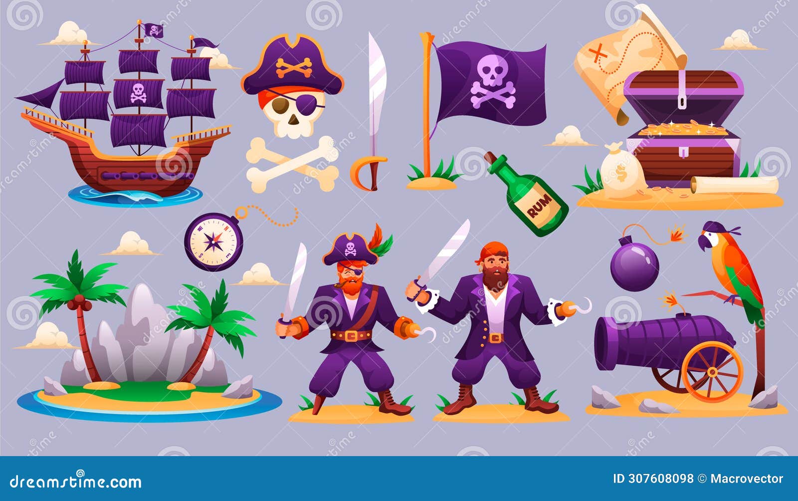 Flat Pirates Original Element Set with Characters Stock Illustration ...