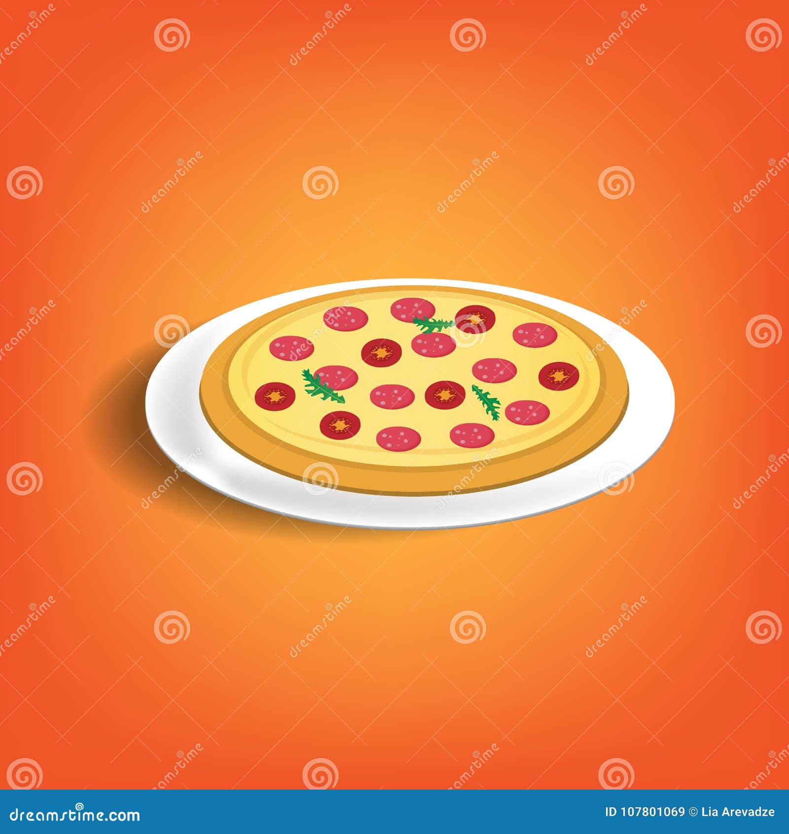 Flat Pizza Isolated on Orange Background. Stock Vector - Illustration ...