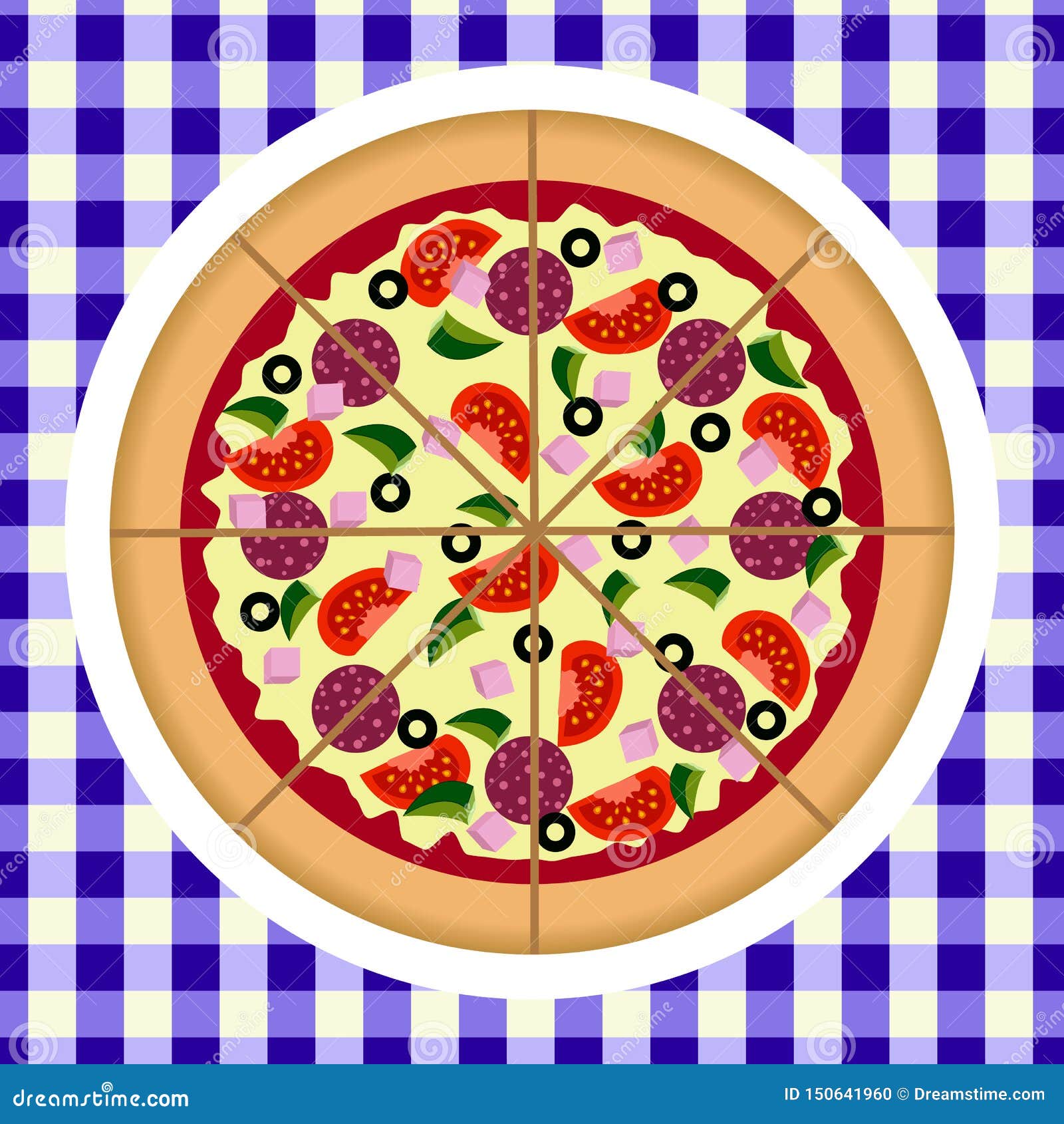 Flat Pizza on a Plate and Checkered Tablecloth.. Pizza Vector Food Menu ...