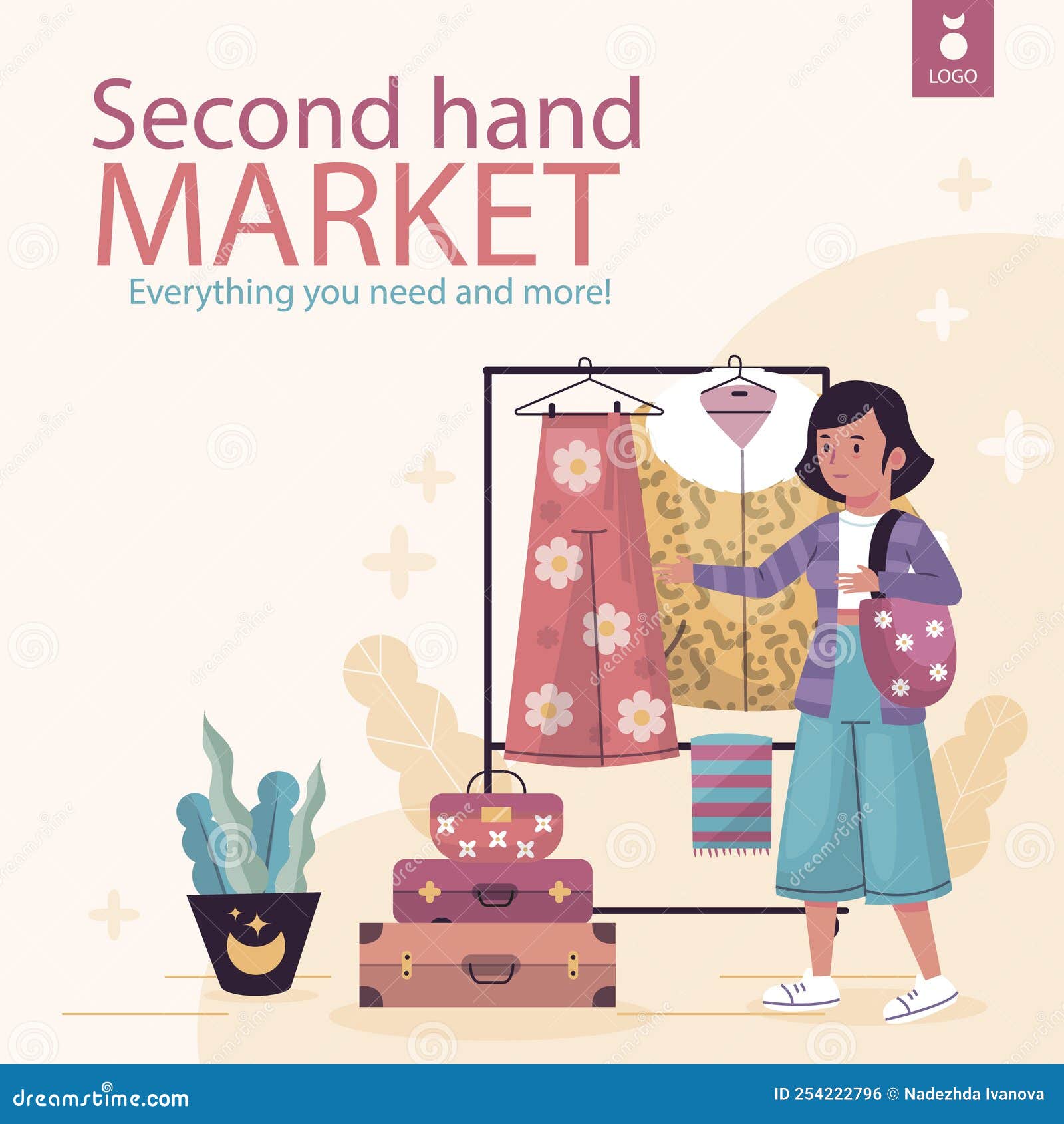 Flat Posts Set for Second Hand Flea Market Event Vector Illustration ...