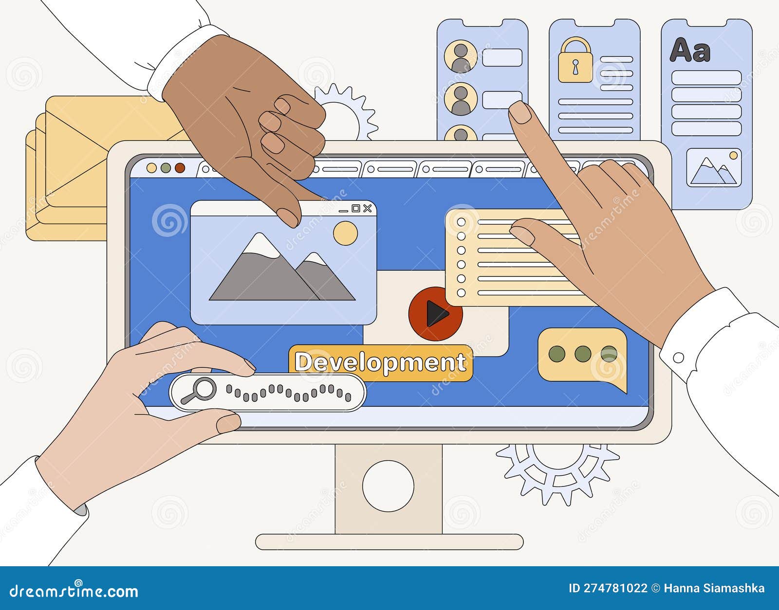 Team Of Designers Develop New Project. Web Design And Digital Graphic Concept. Drawing, Logo ...