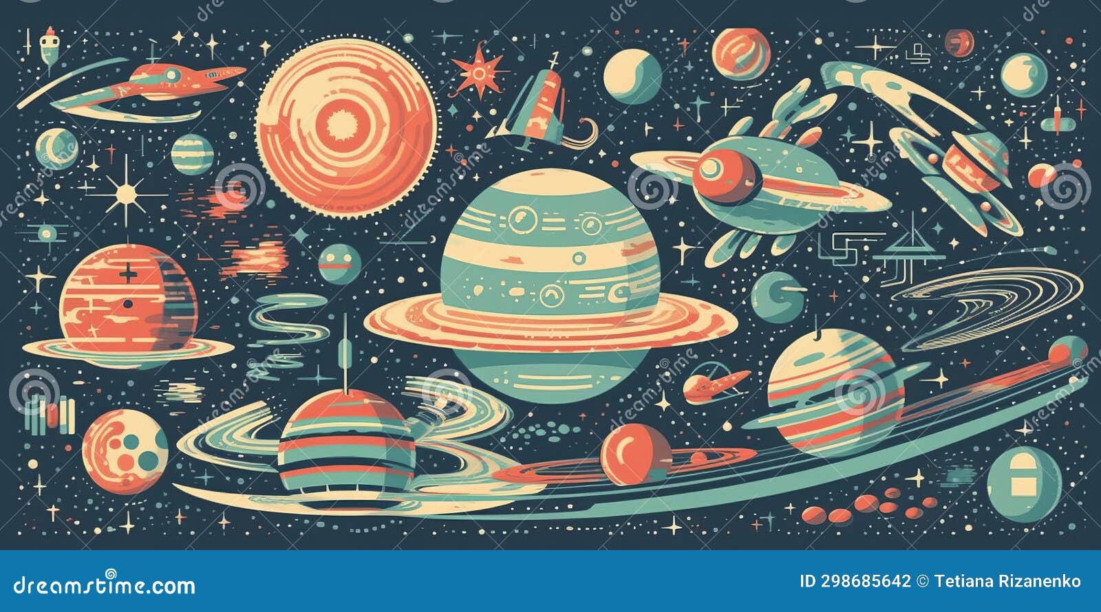 Flat Retro Style Illustration of Outer Space. Space Background with ...