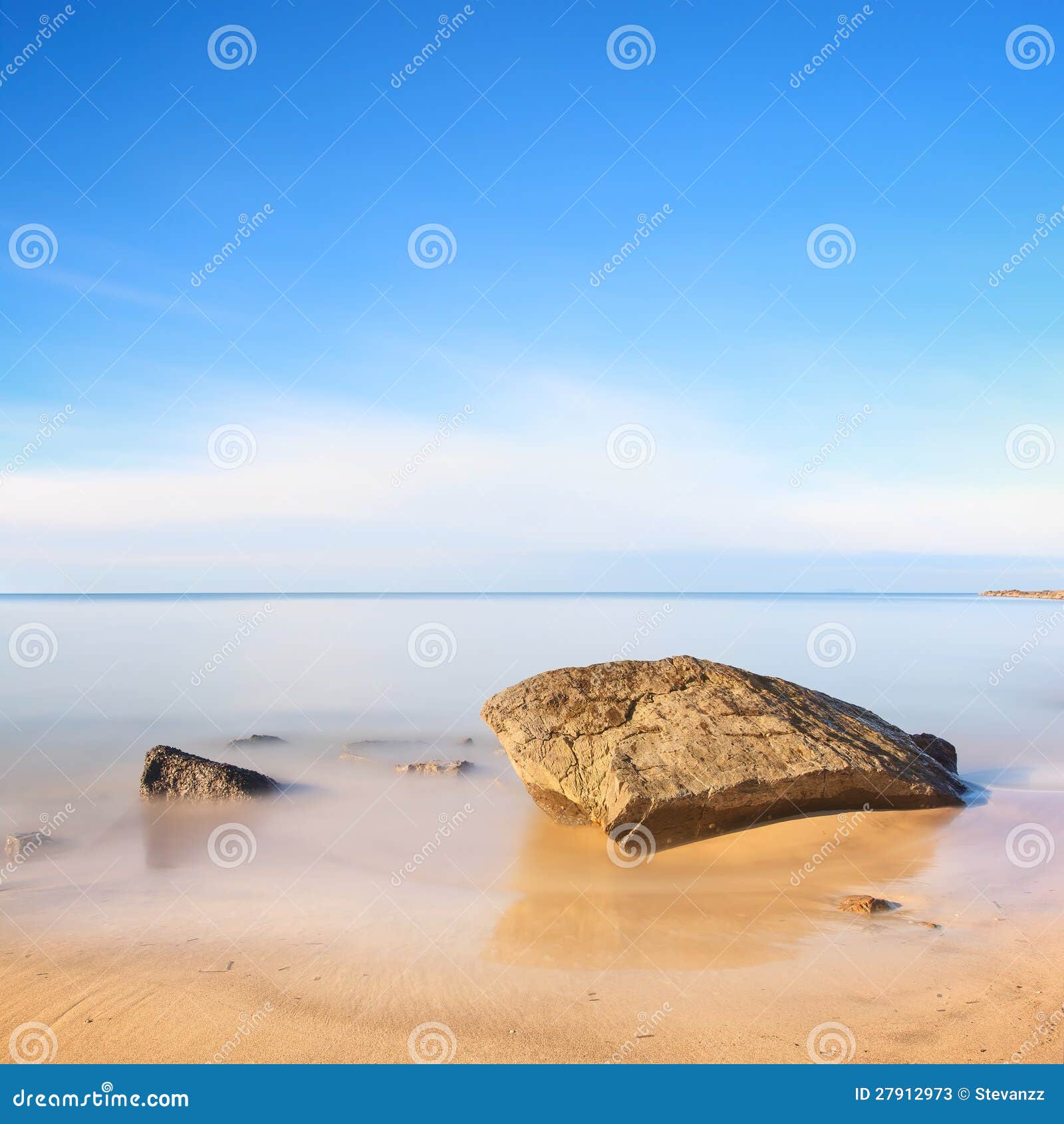 Flat Rock on Golden Beach and Sea. Long Exposure. Stock Image - Image ...