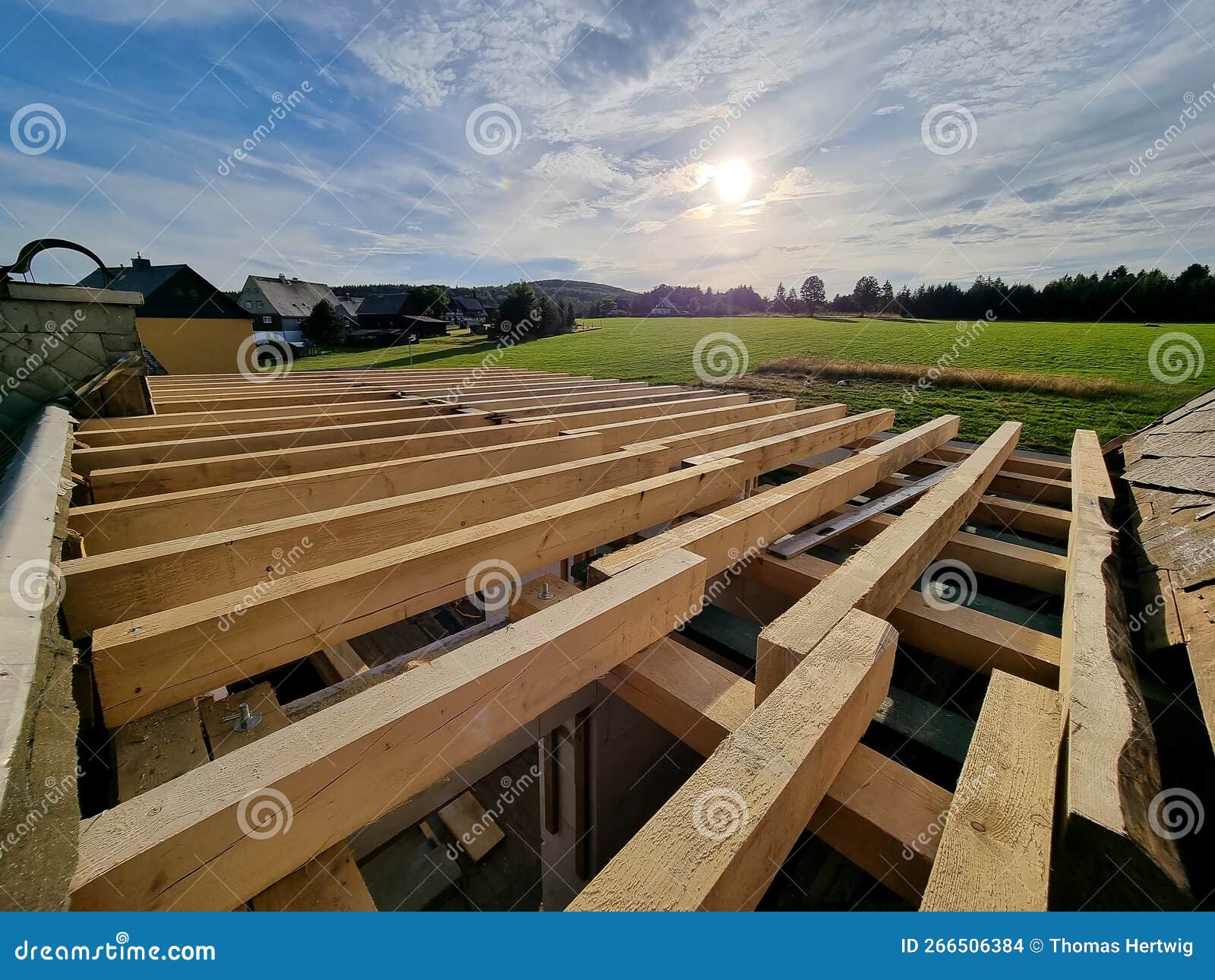 Timber Beams Of A Roof Forming A Circular Skylight Stock Photography ...