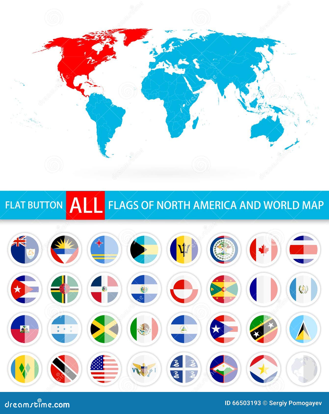 Flat Round Flags of North America Complete Set and World Map Stock ...