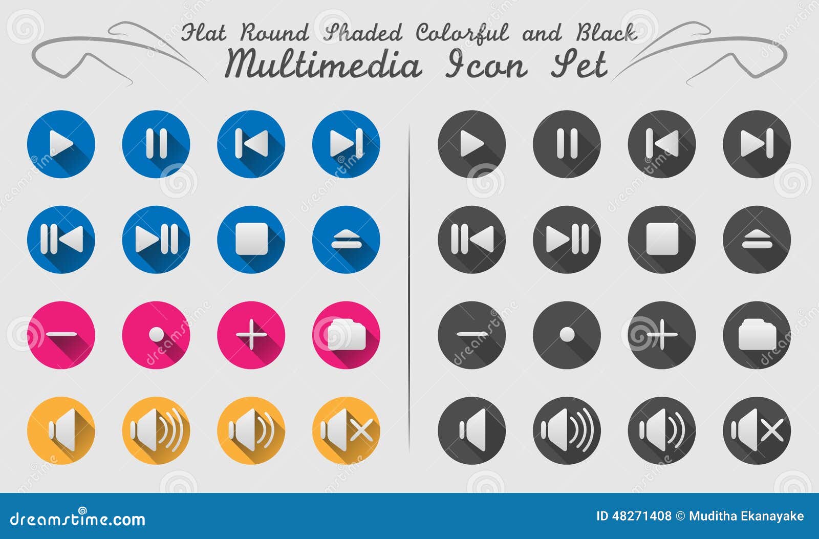 32 Flat Round Shadowed Media Icons Stock Vector - Illustration of eject ...