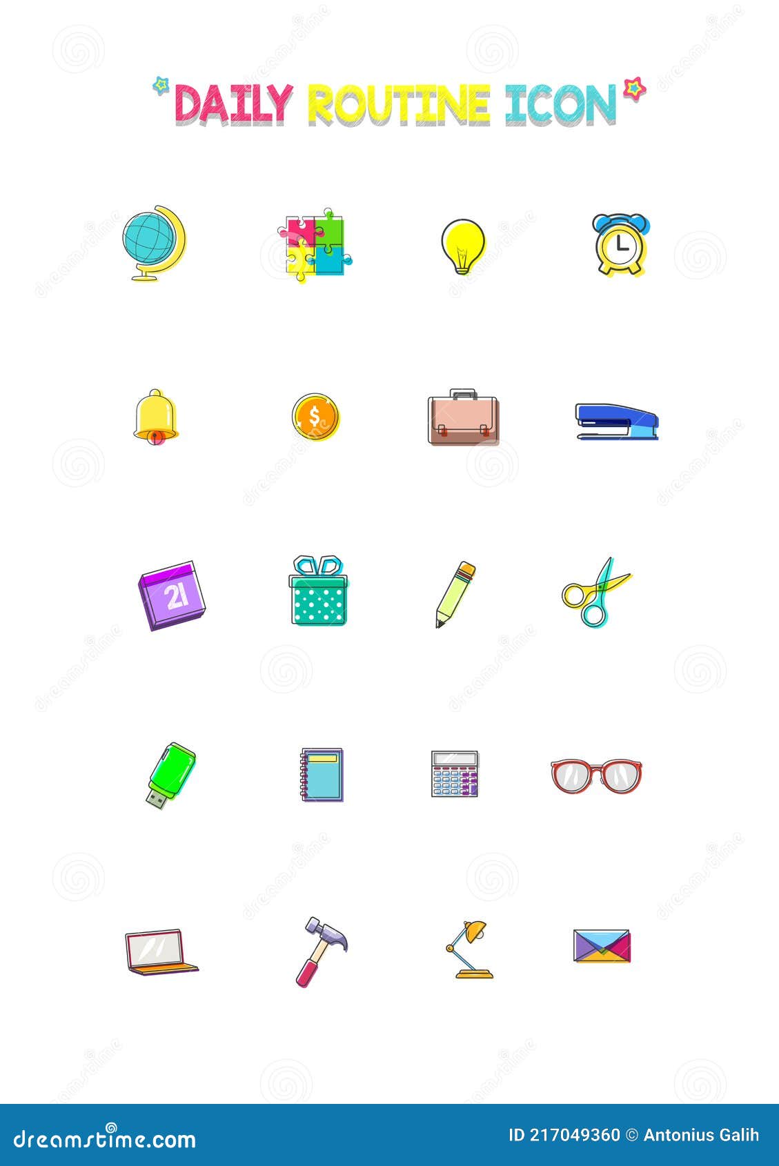 Flat daily Routine Equipment, Tools Set Outline Cartoon Style Suitable ...