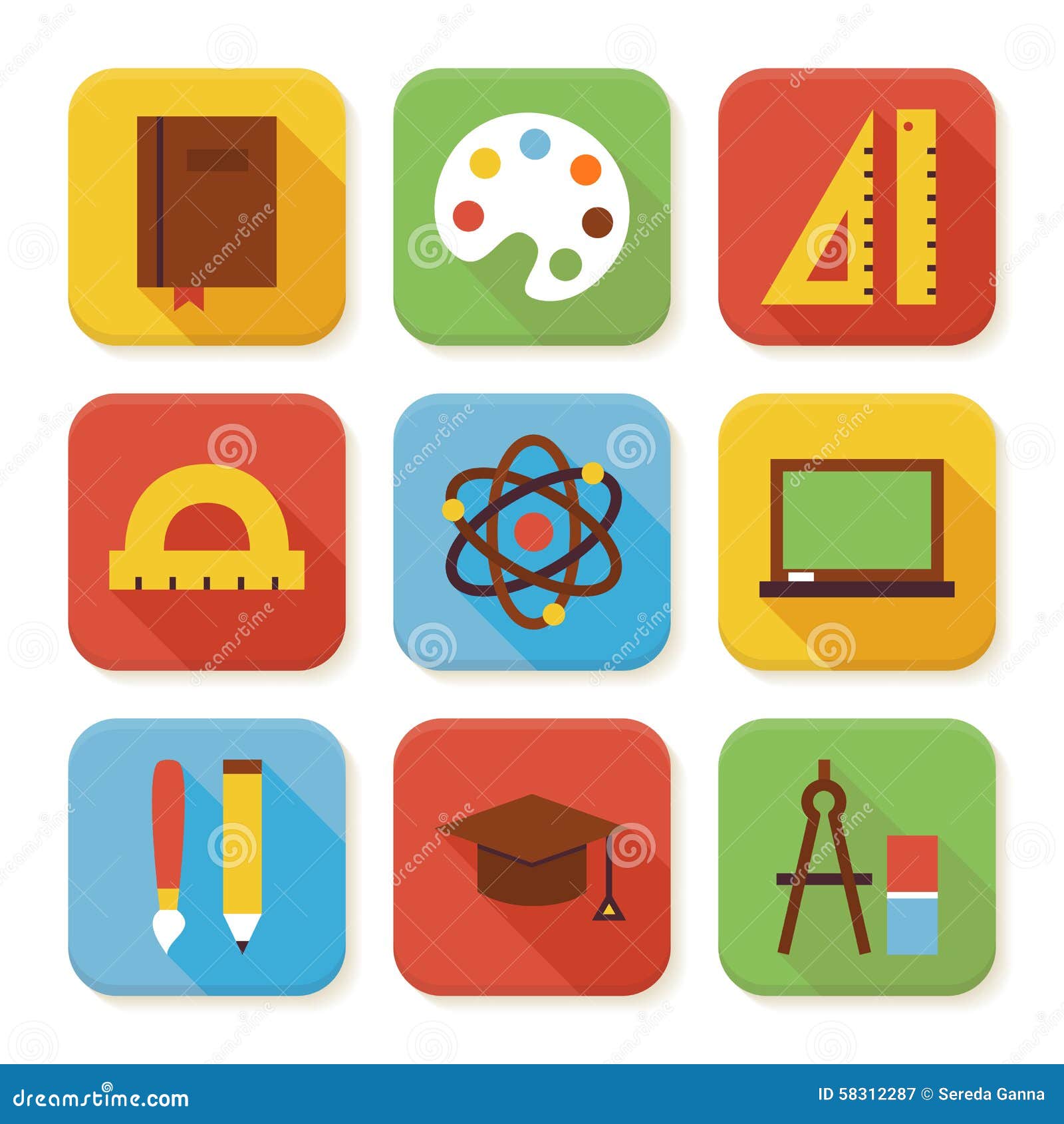 Flat School and Education Squared App Icons Set Stock Vector ...