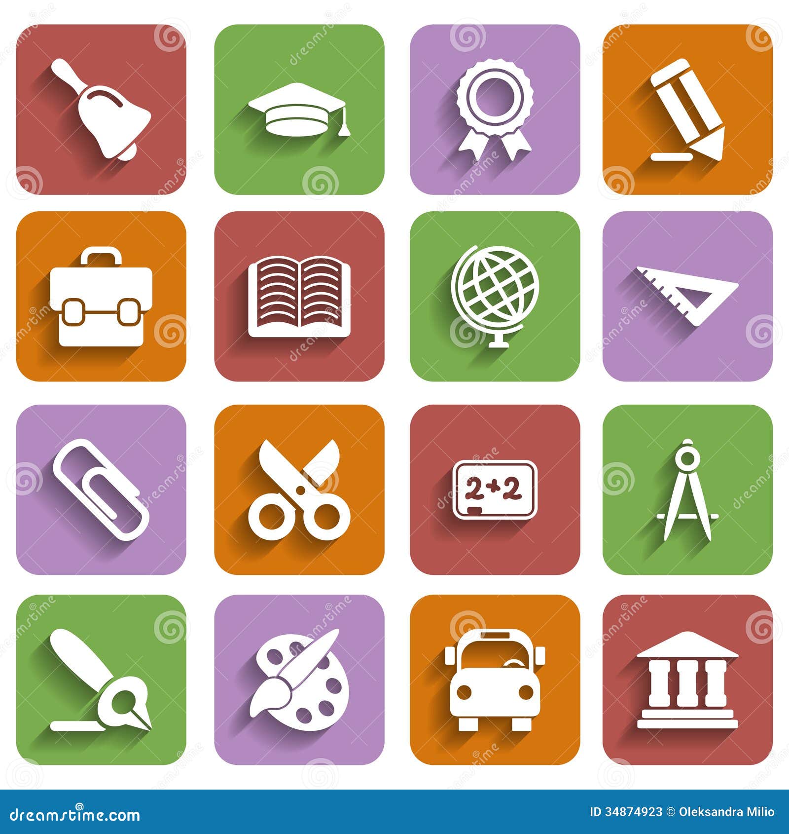 Flat School Icons Set with Shadow Stock Vector - Illustration of ...