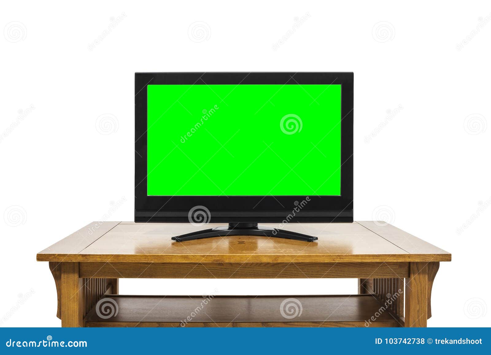 Flat Screen Television on Large Wood Table Isolated on White Wit Stock ...