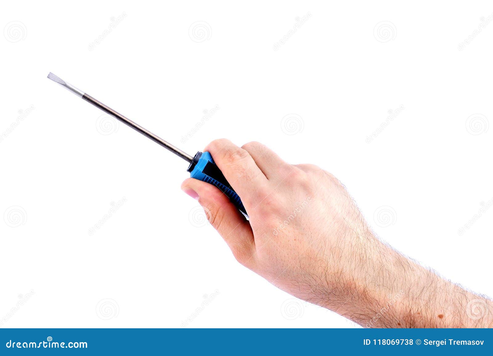 Flat Screwdriver in Hand Isolated on White Stock Photo - Image of ...