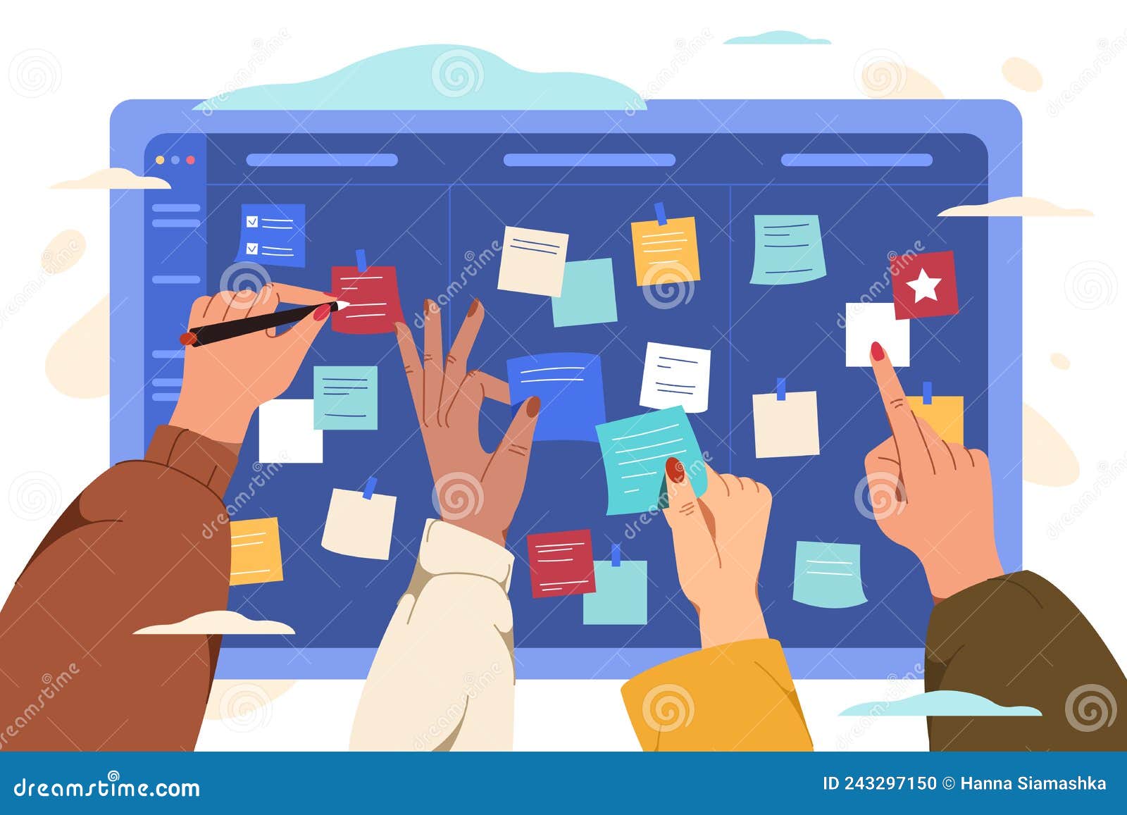 Flat Scrum Task Board with Human Hands and Color Paper Stickers Stock ...