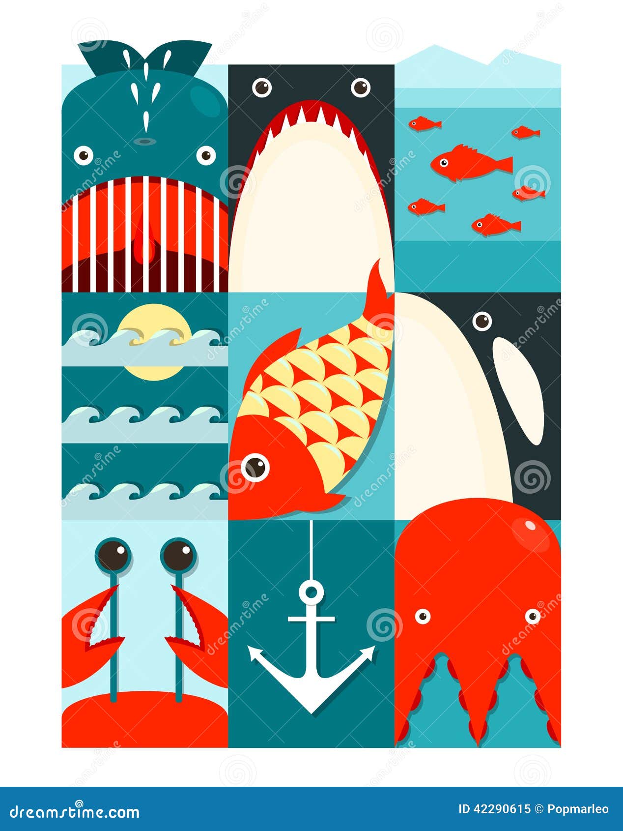 Flat Sea and Fish Rectangular Nautical Set Stock Vector - Illustration ...