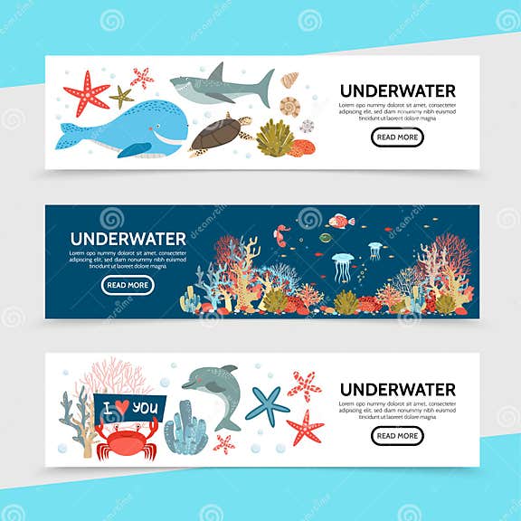 Flat Sea Life Horizontal Banners Stock Vector - Illustration of design ...
